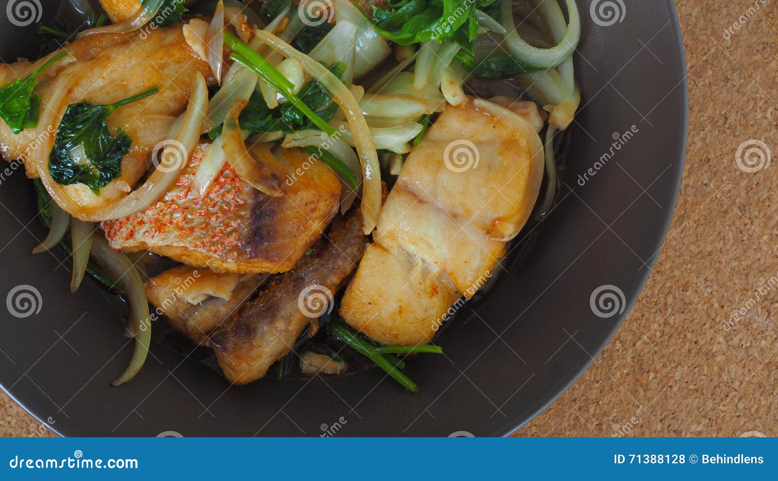 Fried Coal Fish Fillet with Onion. Stock Photo - Image of asparagus ...