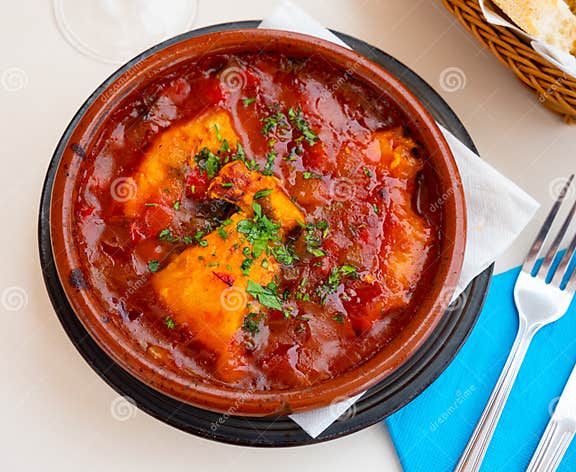 Fried Cod with Braised Vegetables, Spanish Dish Stock Image - Image of ...