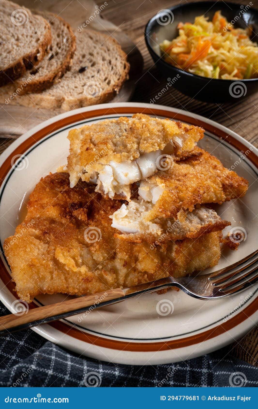 Fried cod fillet stock image. Image of carrots, salad - 294779681