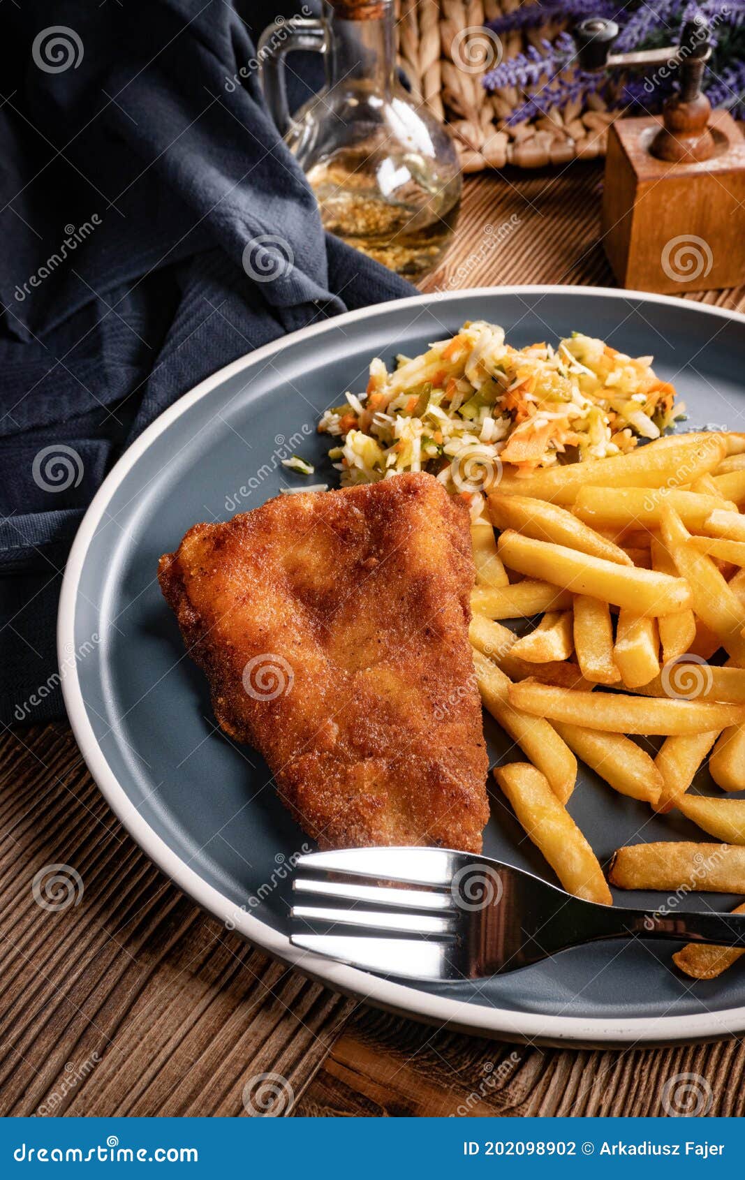 Fried Cod Fillet with Fries and Salad Stock Photo - Image of fish ...