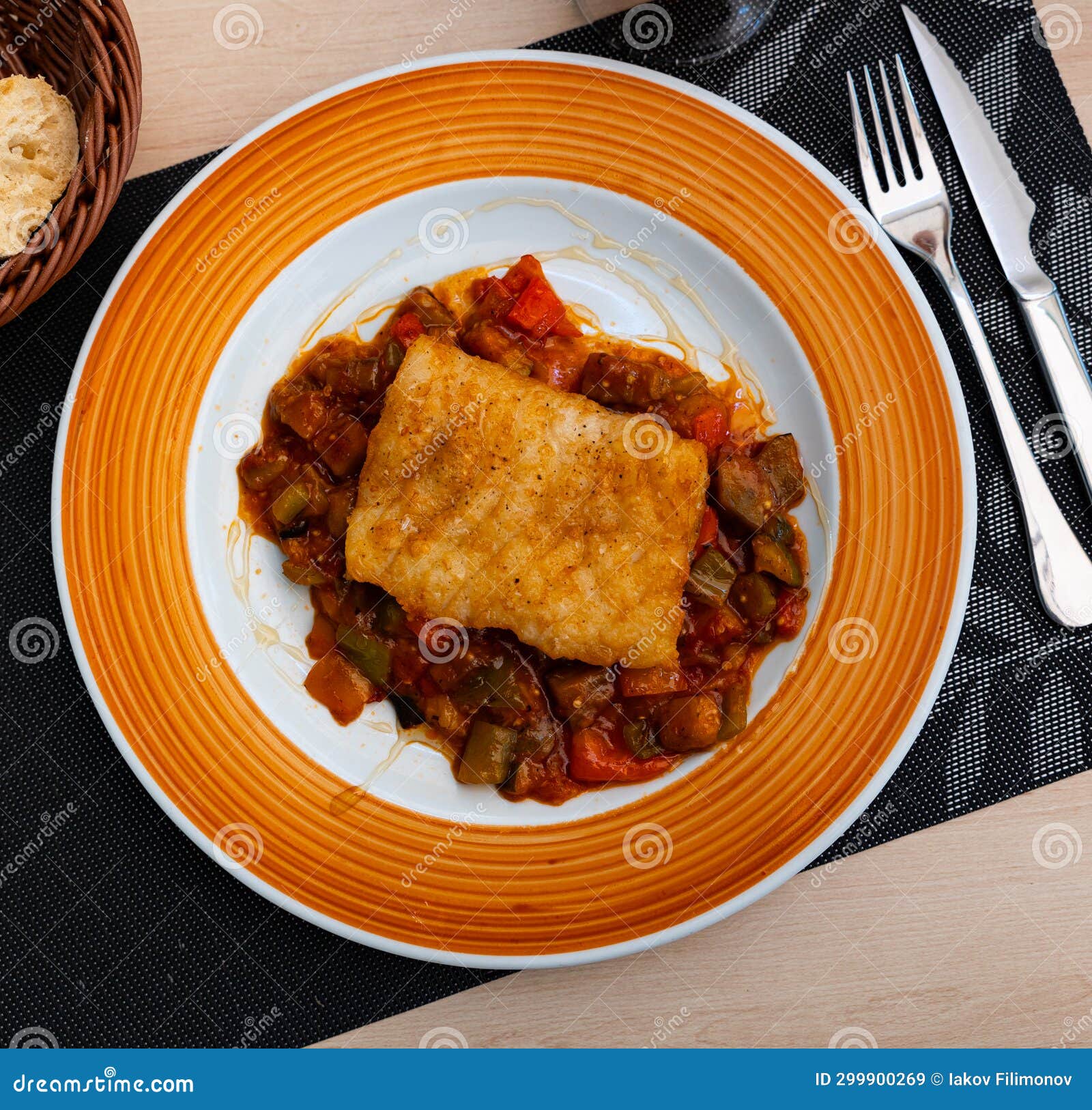 Fried Cod Fillet Served with Samfaina Stock Image - Image of salted ...