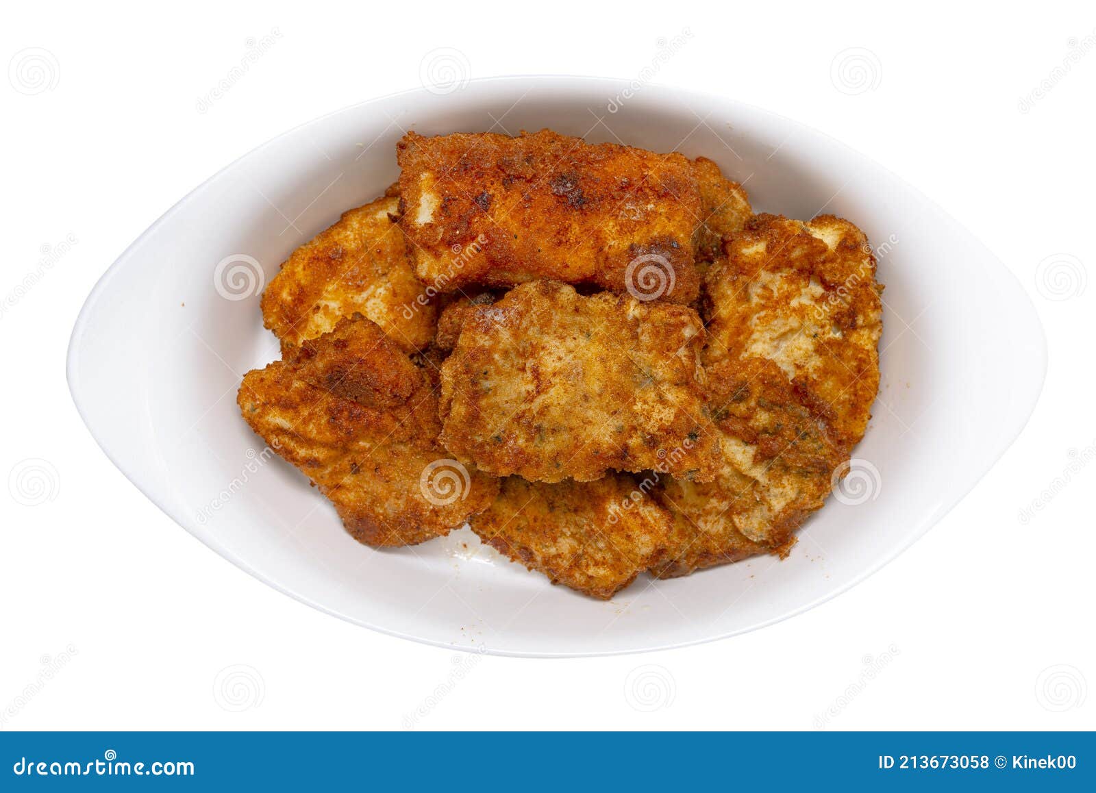 Fried Cod Fillets Cut into Squares Lying on a White Plate, Isolated on ...