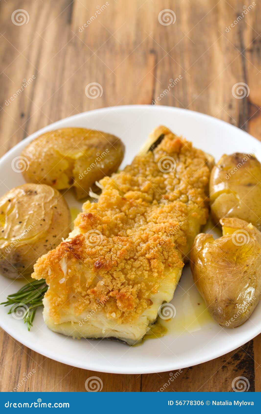 Fried Cod Fish with Bread and Potato Stock Photo - Image of dish ...