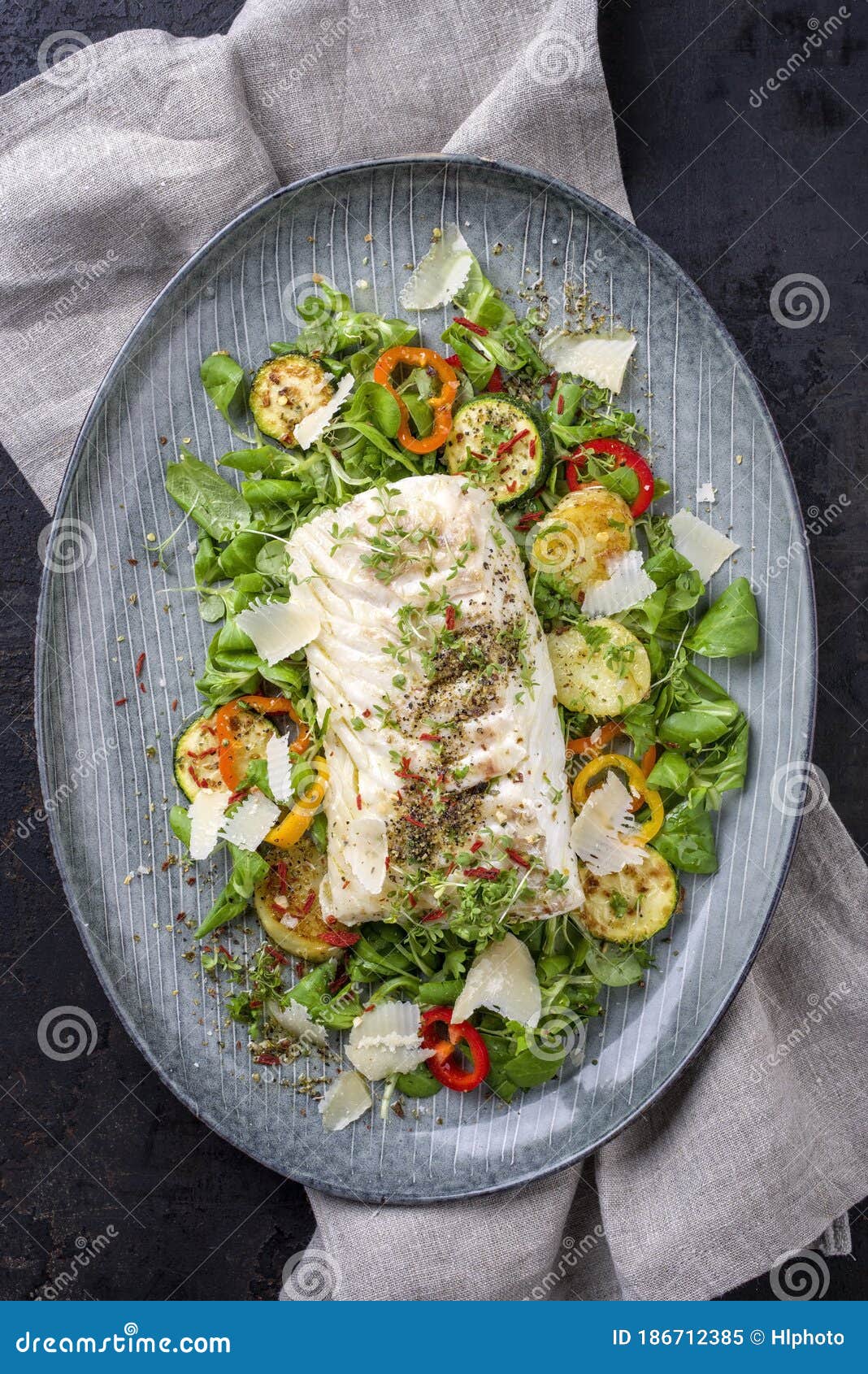 Fried Cod Fish Fillet with Lettuce and Vegetable on a Modern Design ...