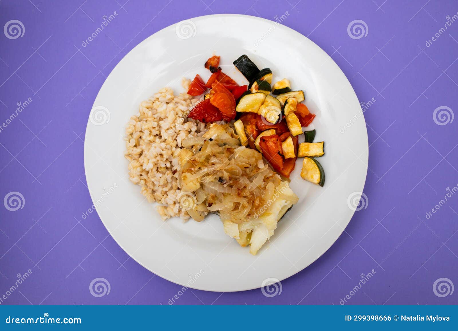 Fried Cod Fish with Onion, Vegetables, Rice and Olive Oil on Plate ...