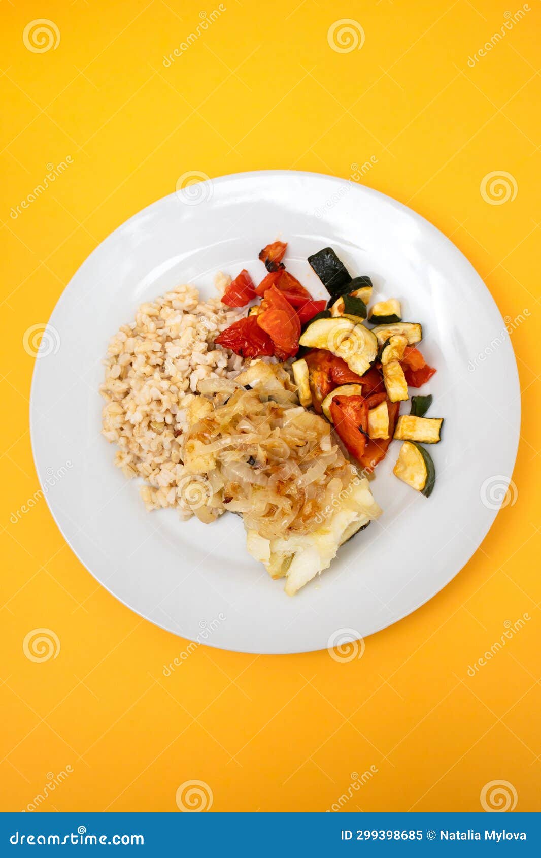 Fried Cod Fish with Onion, Vegetables, Rice and Olive Oil on Plate ...