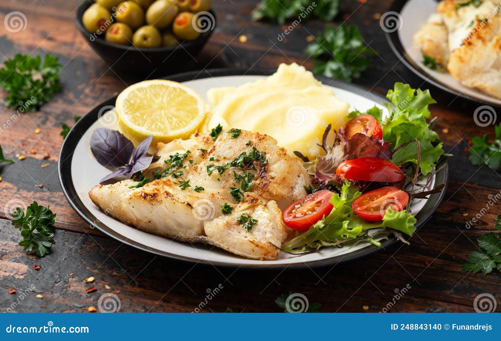 Fried Cod Loin Fillet with Mashed Potato and Vegetable Salad Served ...