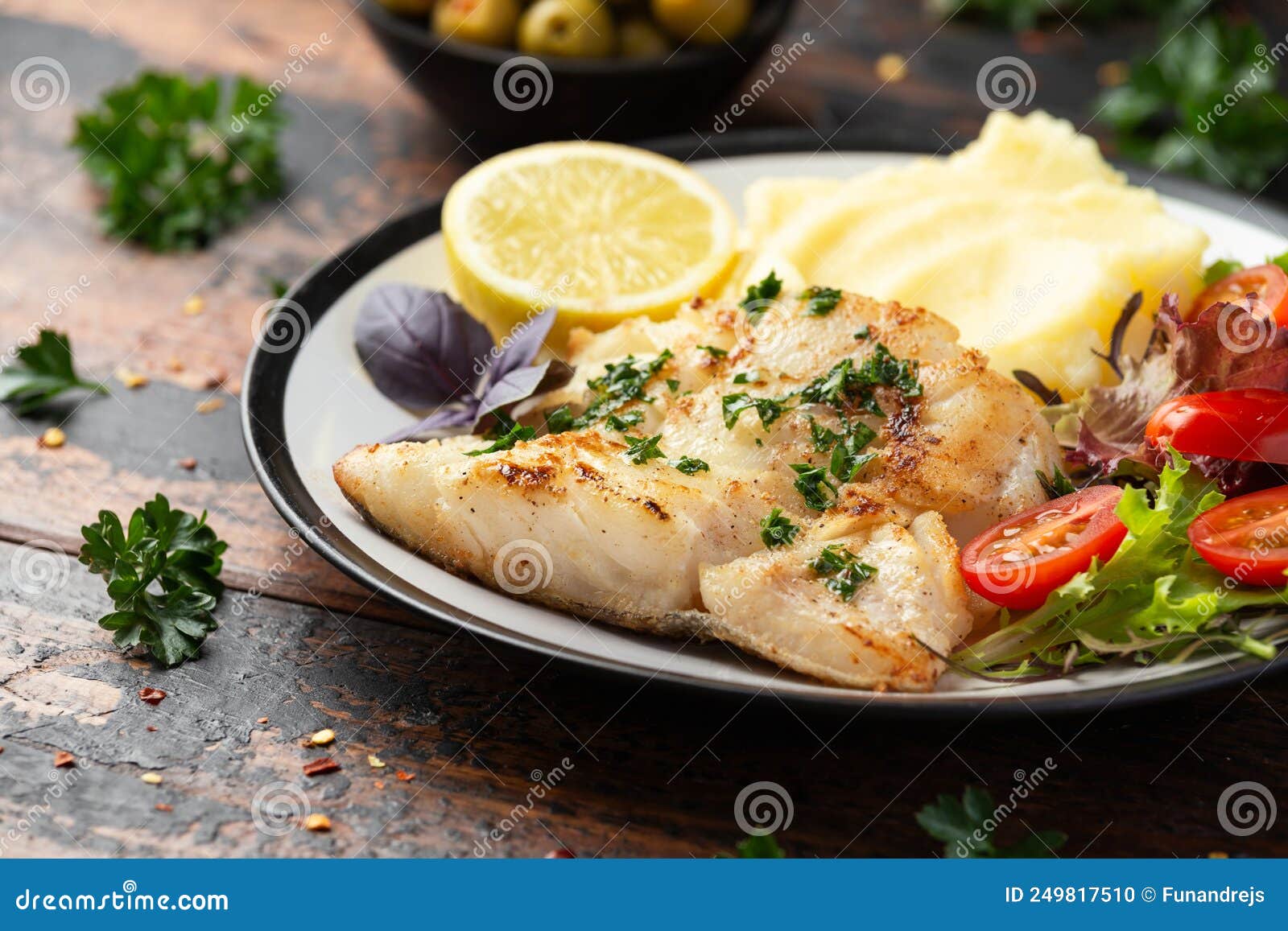 Fried Cod Loin Fillet with Mashed Potato and Vegetable Salad Served ...