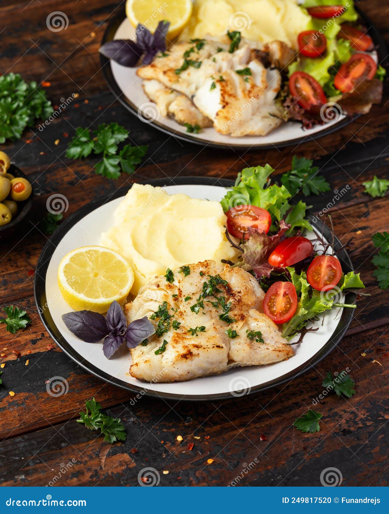 Fried Cod Loin Fillet with Mashed Potato and Vegetable Salad Served ...