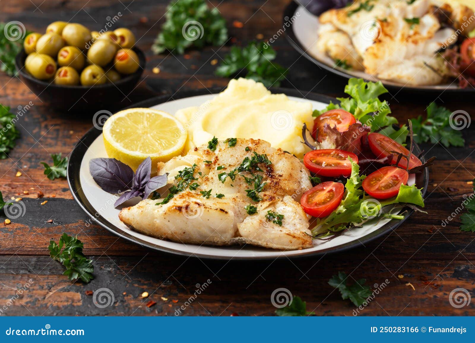 Fried Cod Loin Fillet with Mashed Potato and Vegetable Salad Served ...