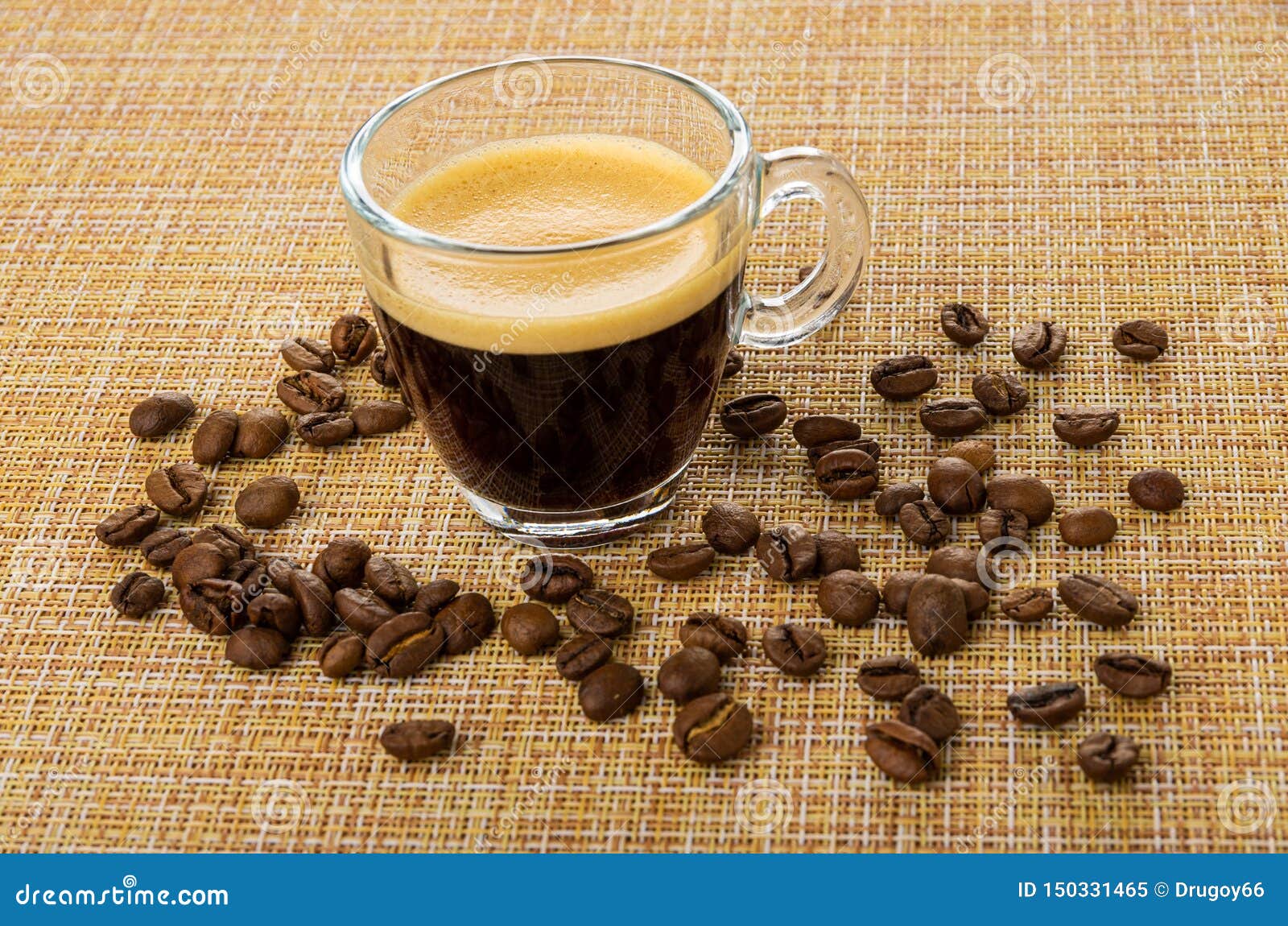 Fried Coffee Beans Around Cup with Espresso on Mat Stock Image - Image ...