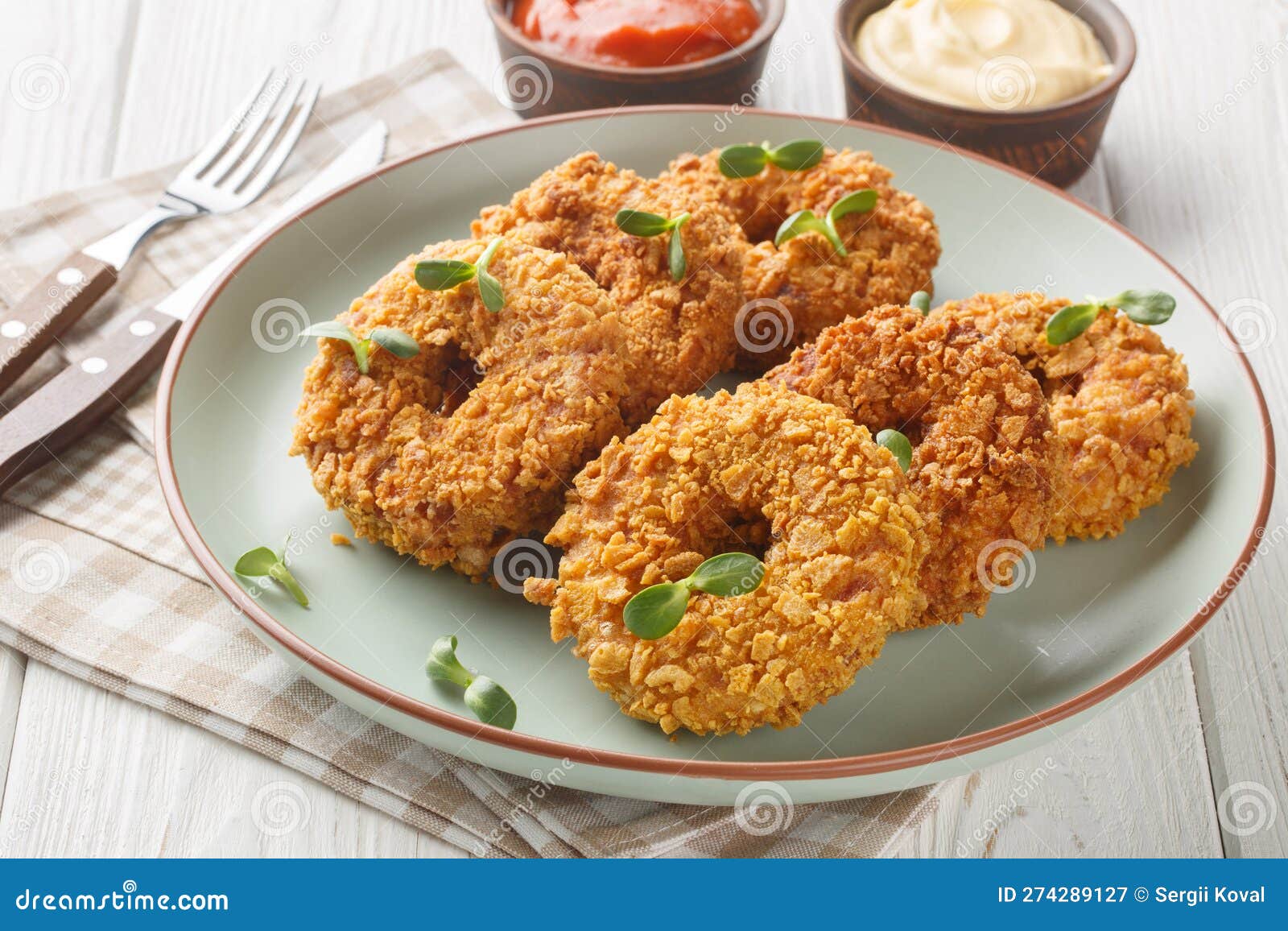 Fried Crispy Breaded Chicken Donuts Close-up on a Plate. Horizontal ...