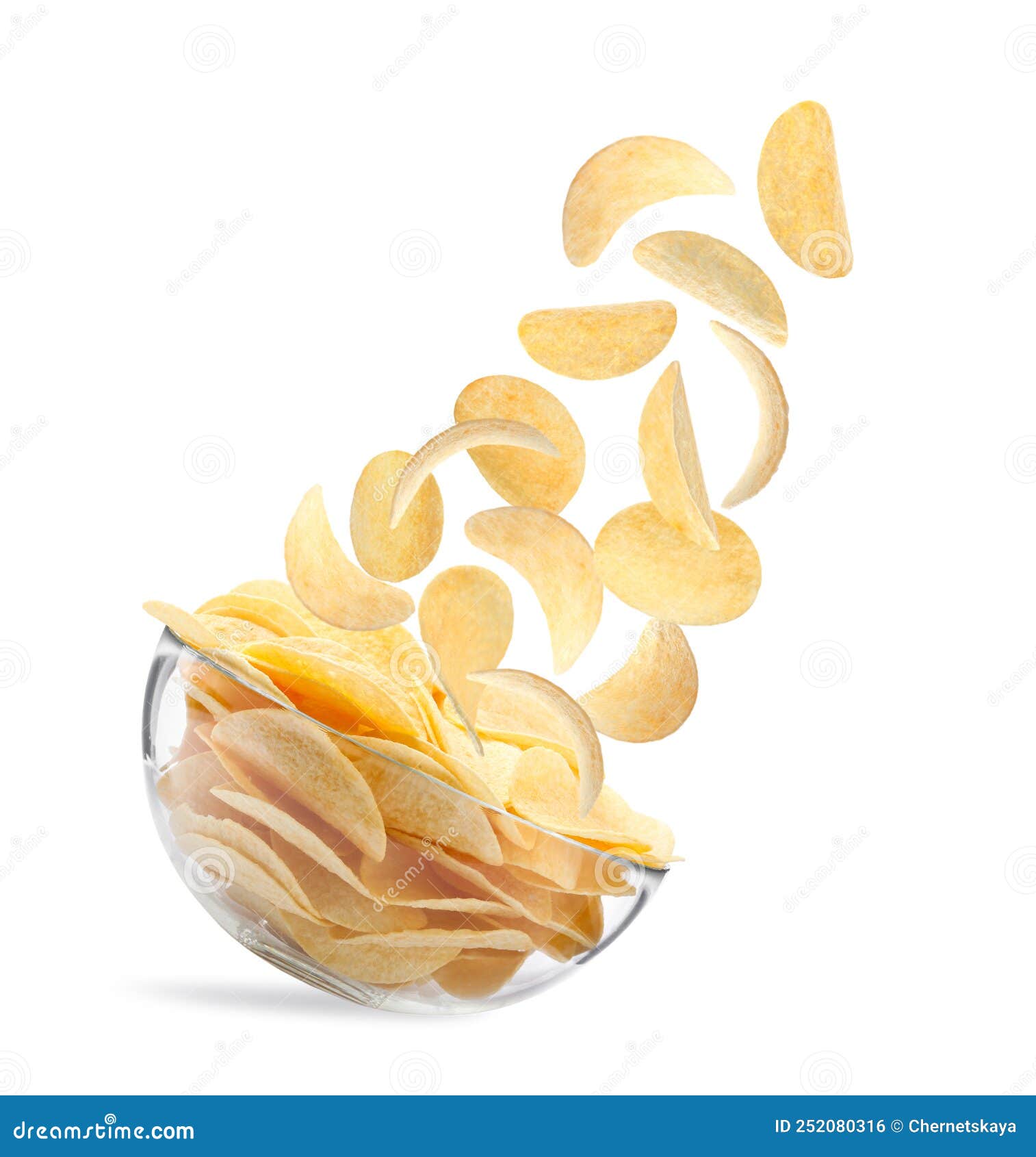 Fried Crispy Potato Chips Falling into Bowl on White Background Stock ...