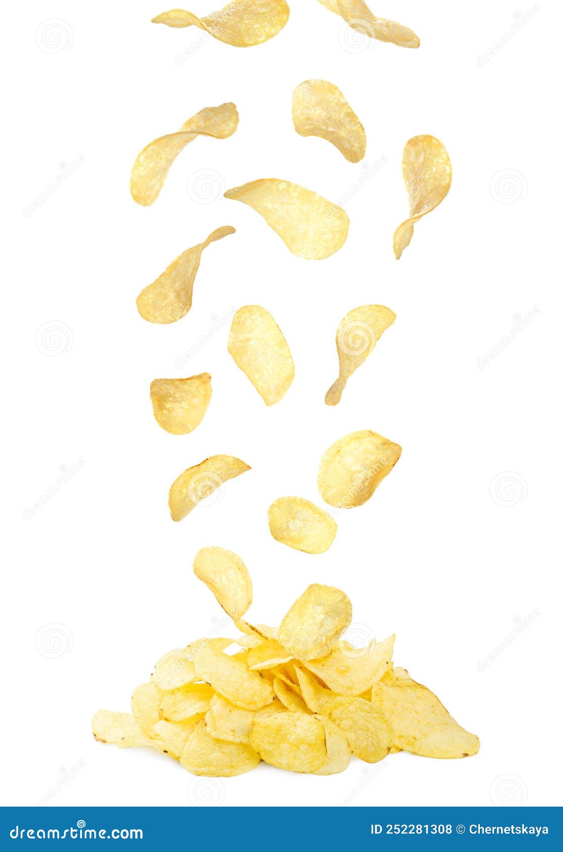 Fried Crispy Potato Chips Falling into Heap on White Background Stock ...
