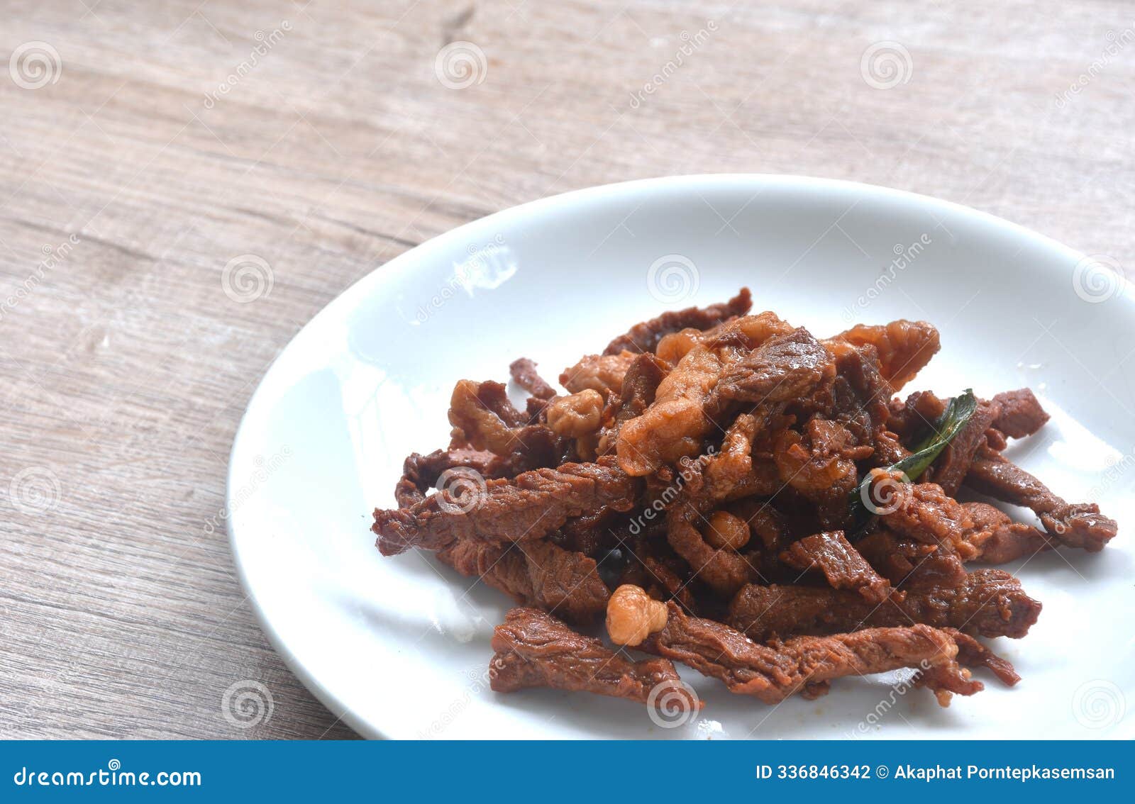Fried Crispy Salty Fermenting Beef Meat with Pandan and Herb on Plate ...