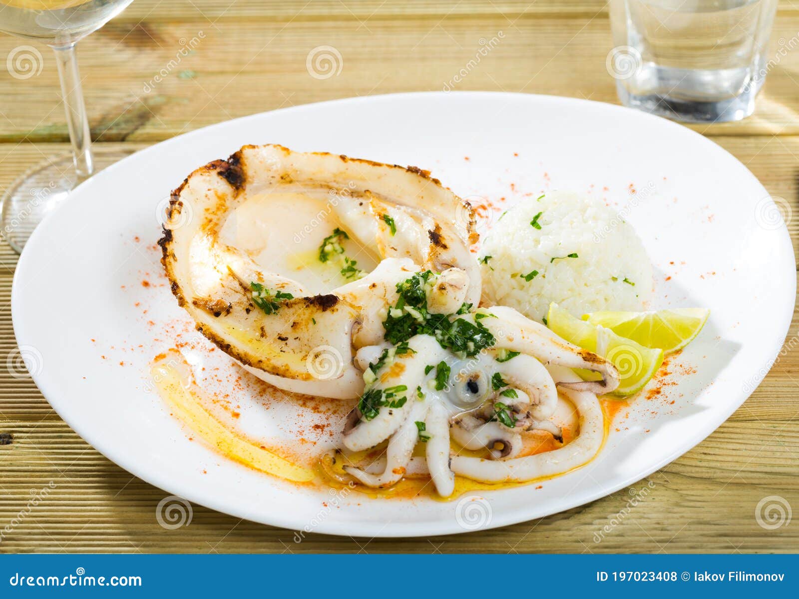 Fried Cuttlefish Served with Rice Stock Photo - Image of foodstuff ...