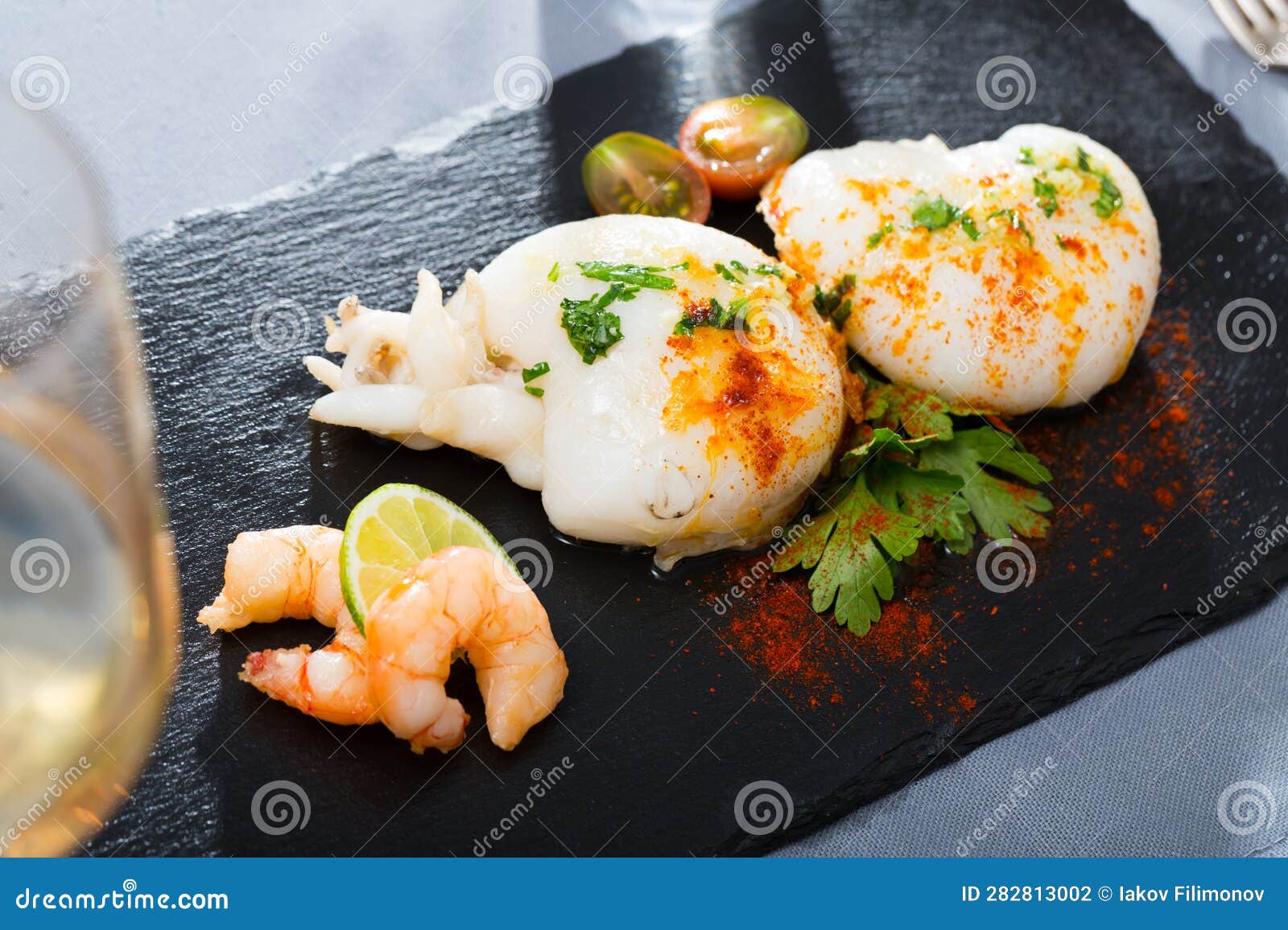 Fried Cuttlefish and Shrimp Served with Lime Stock Photo - Image of ...
