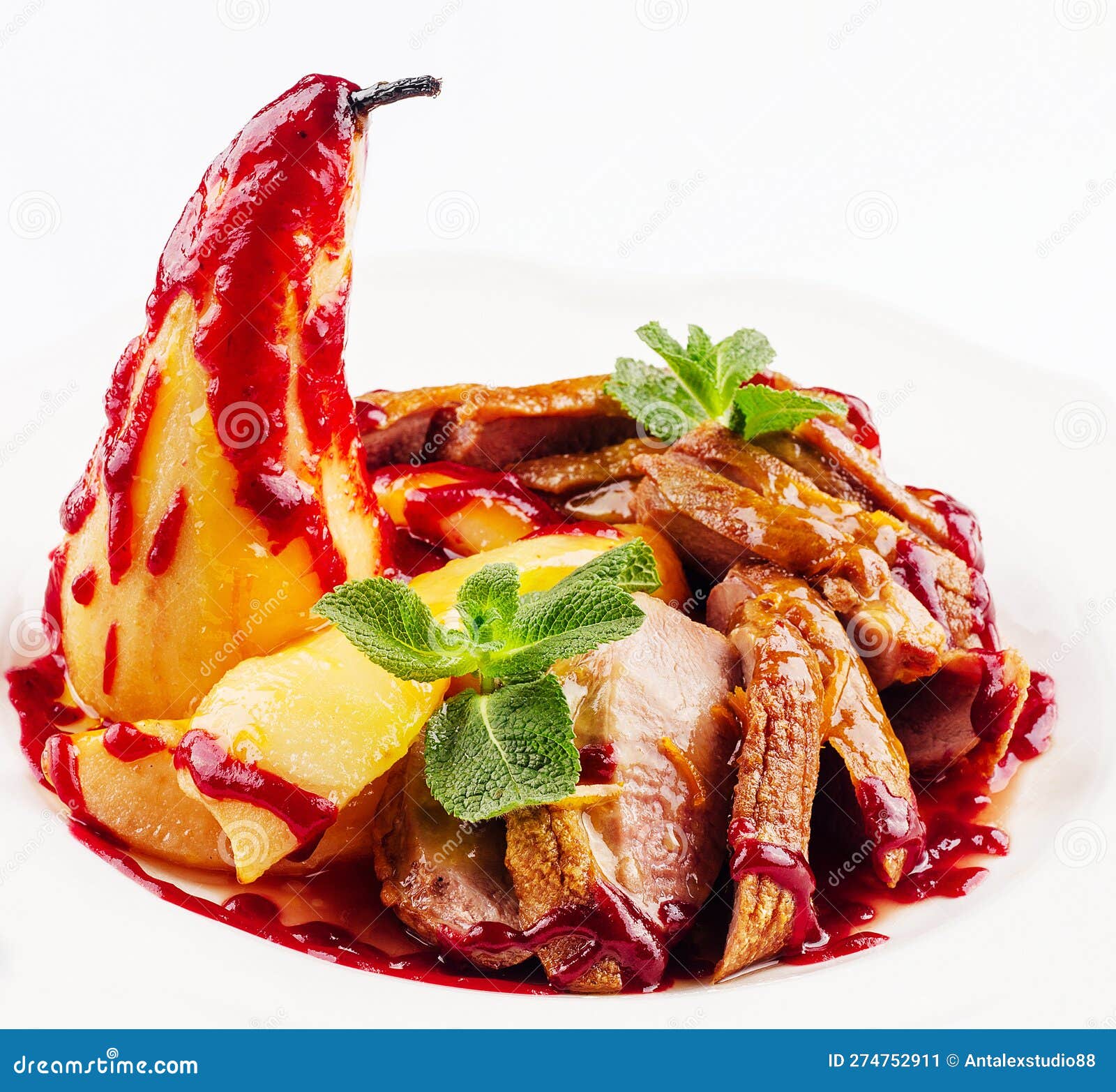 Fried Duck Fillet with Pear on a Plate Stock Image - Image of fine ...