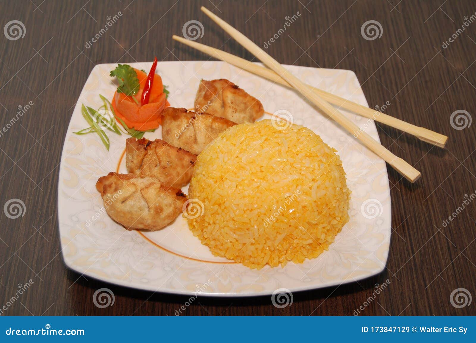 Fried Dumplings and Yellow Rice Stock Image - Image of taste, china ...