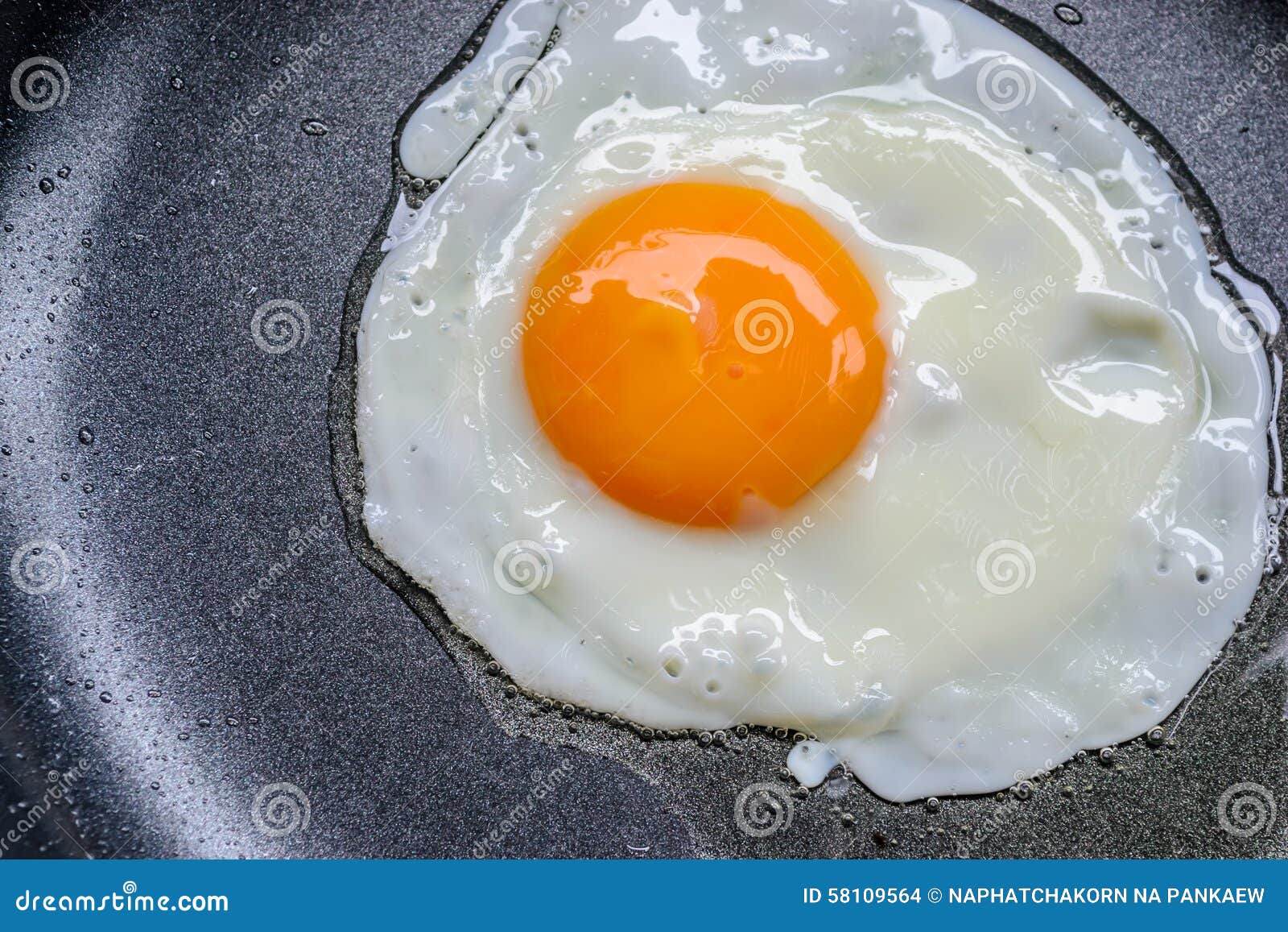 Fried egg on frying pan stock photo. Image of food, fried - 58109564