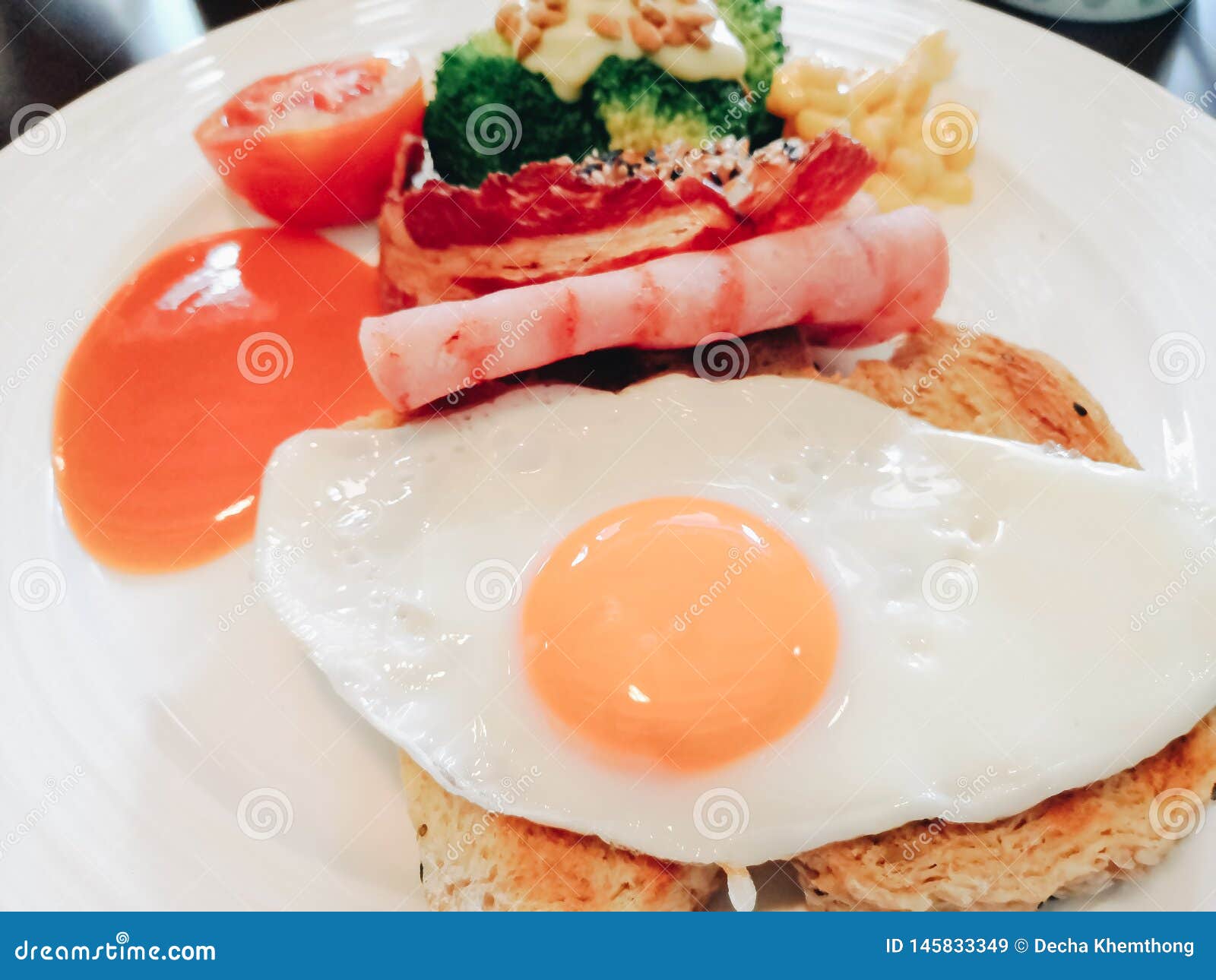 Fried Egg, Ham, Toast, Breakfast Set, Placed on a Plate and Served ...