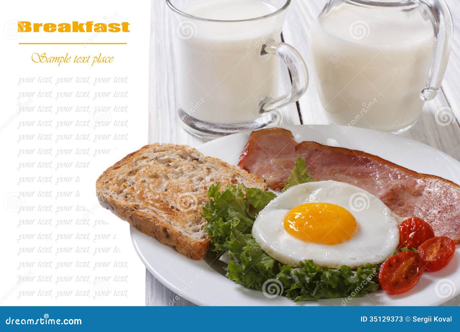 Fried Egg with Ham, Tomatoes and Fresh Milk Stock Image - Image of ...