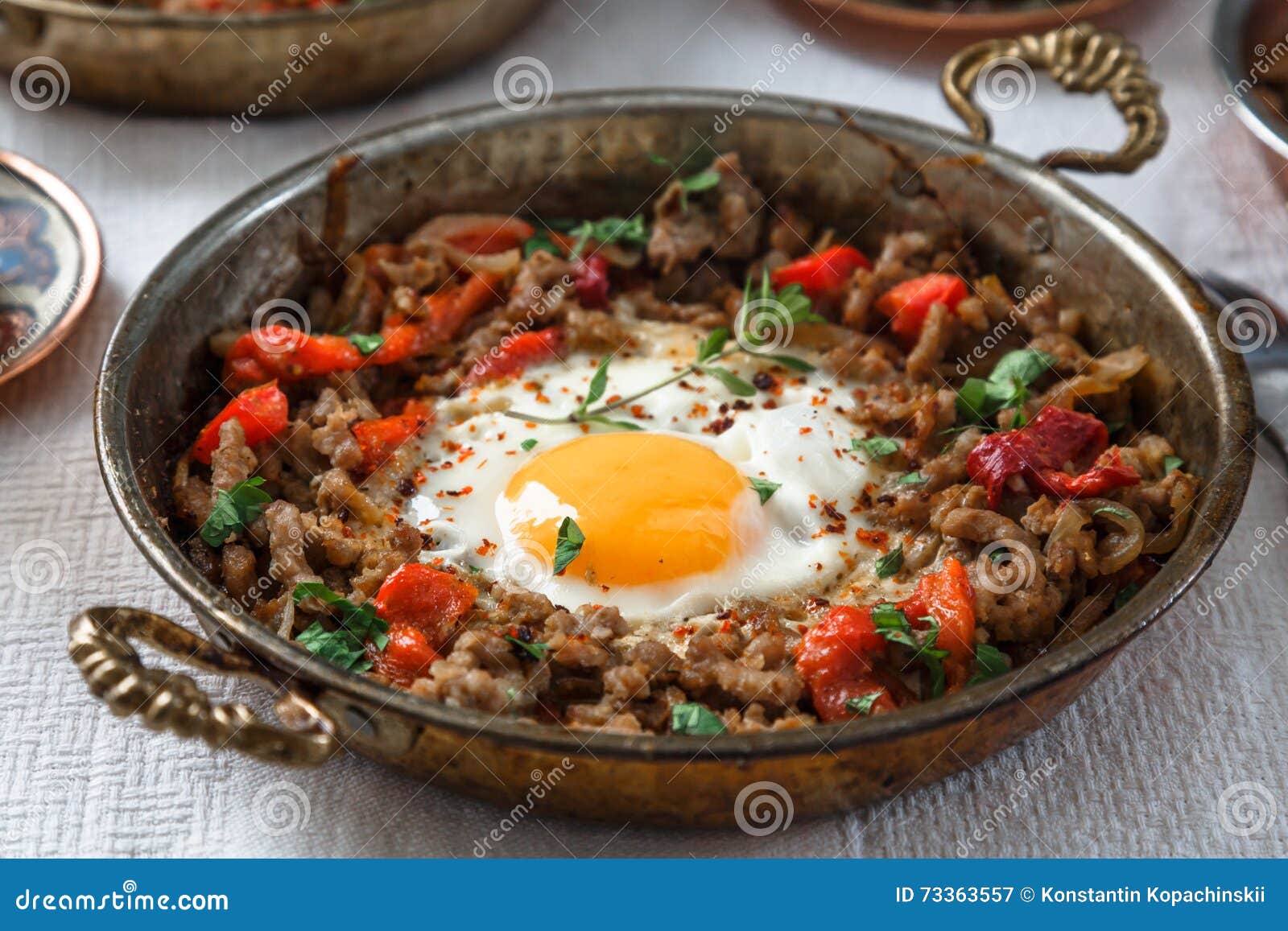 Fried Egg with Mince Meat in Traditional Turkish Pan Stock Image ...