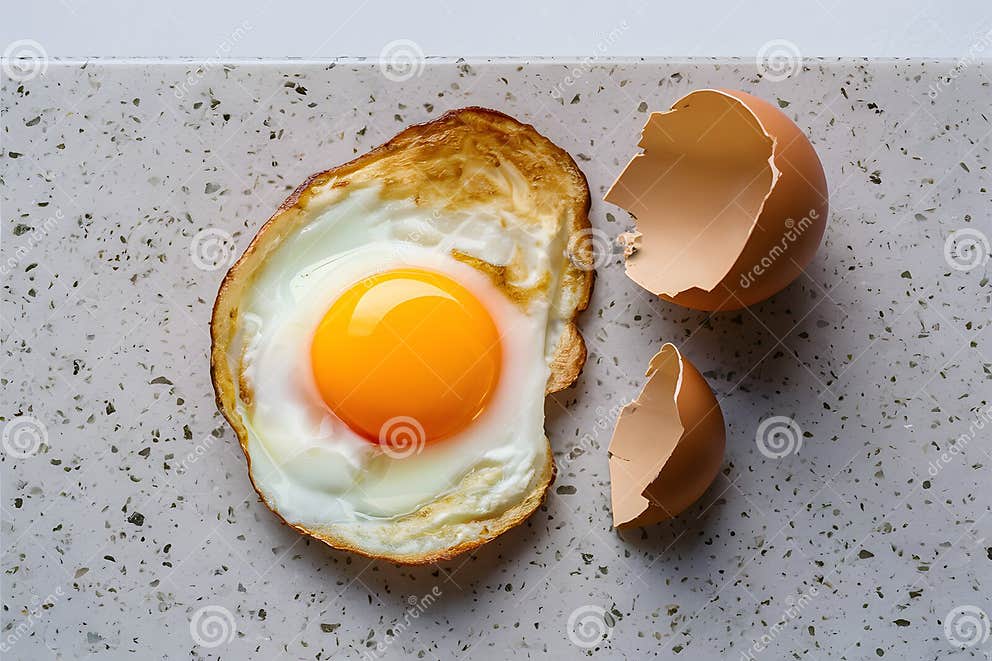 Fried Egg on Speckled Surface with Intact Yolk, Broken Shell, Simple ...
