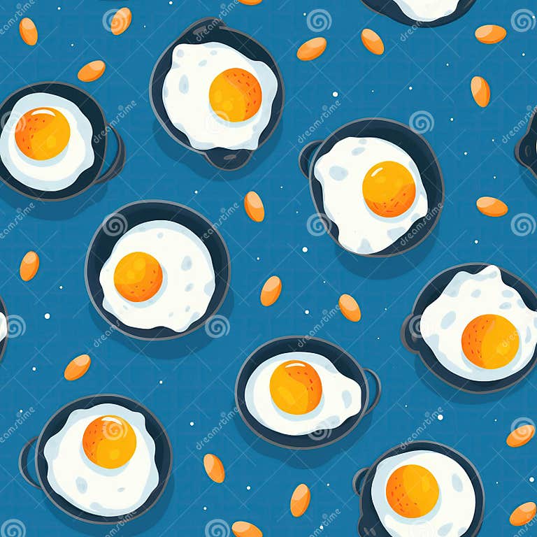Fried Eggs on Blue Background. Seamless Background. Generative AI Stock ...