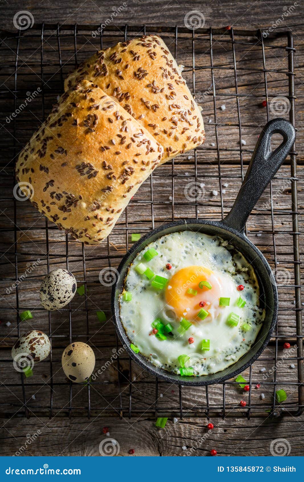 Fried Eggs with Chive and Roll for Breakfast Stock Photo - Image of ...