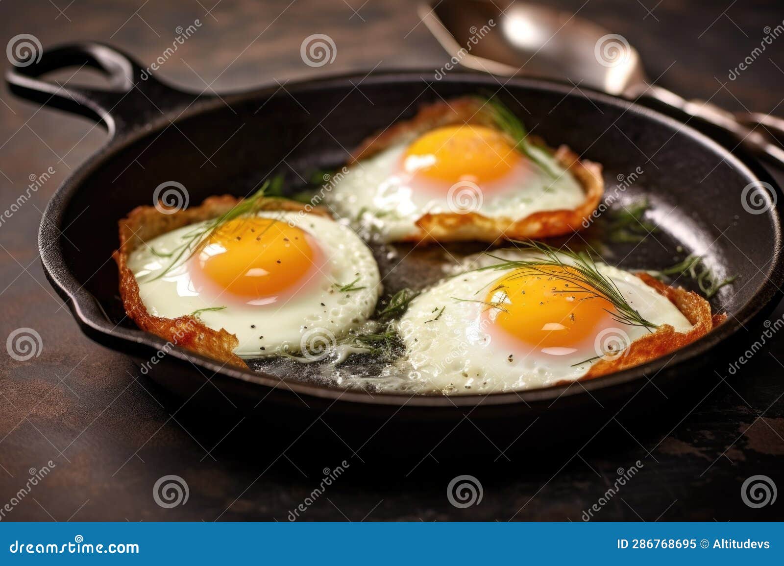 Fried Eggs with Crispy Edges in a Non-stick Pan Stock Image - Image of ...