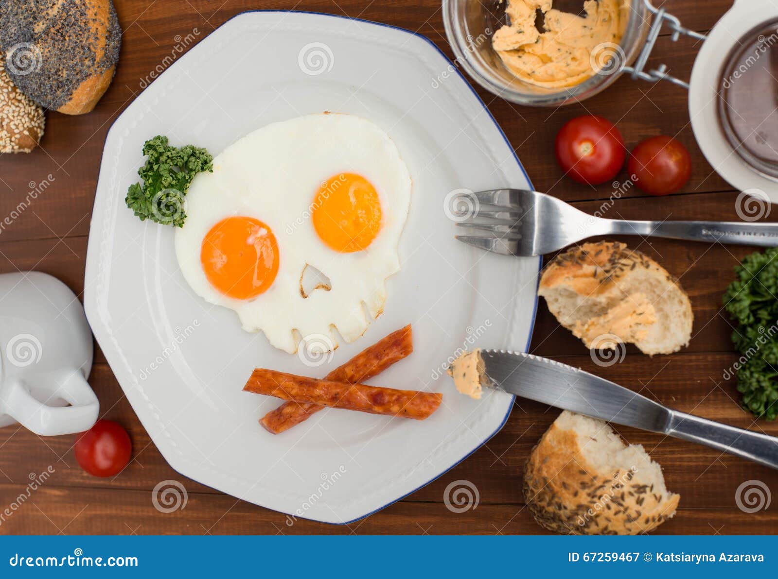 Fried Eggs in the Form of a Skull on Wooden Table. Stock Image - Image ...