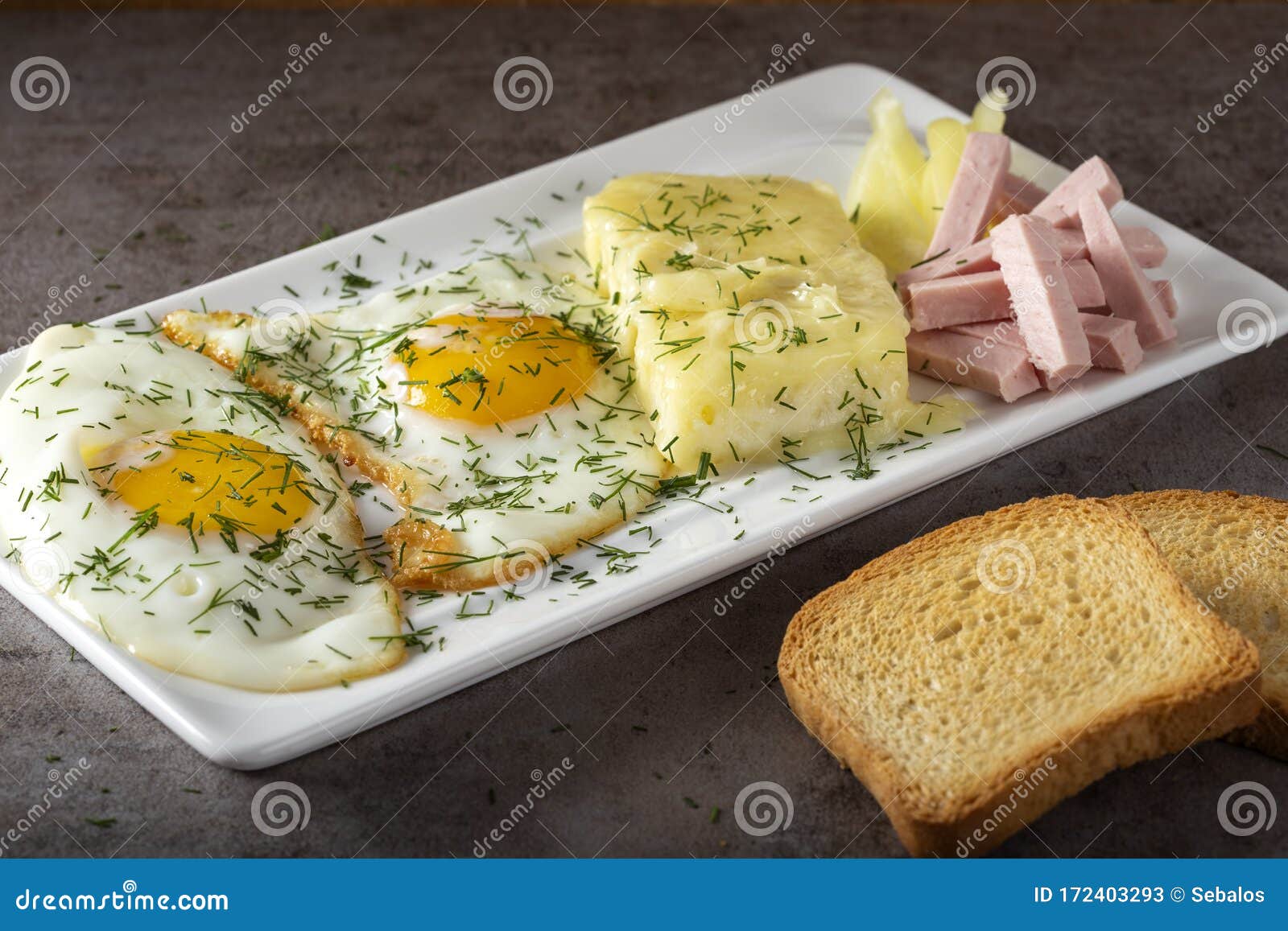 Fried Eggs with Melted Romanian Cheese Called Cas and Some Parizer ...