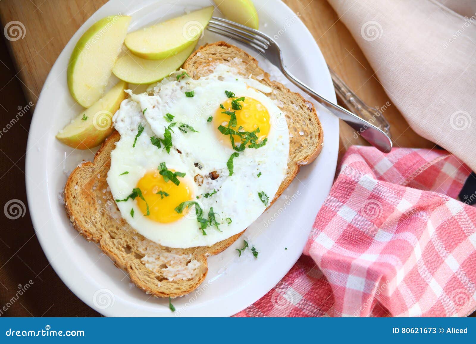 Fried Eggs on Toast Breakfast with Apples Stock Image - Image of snack ...