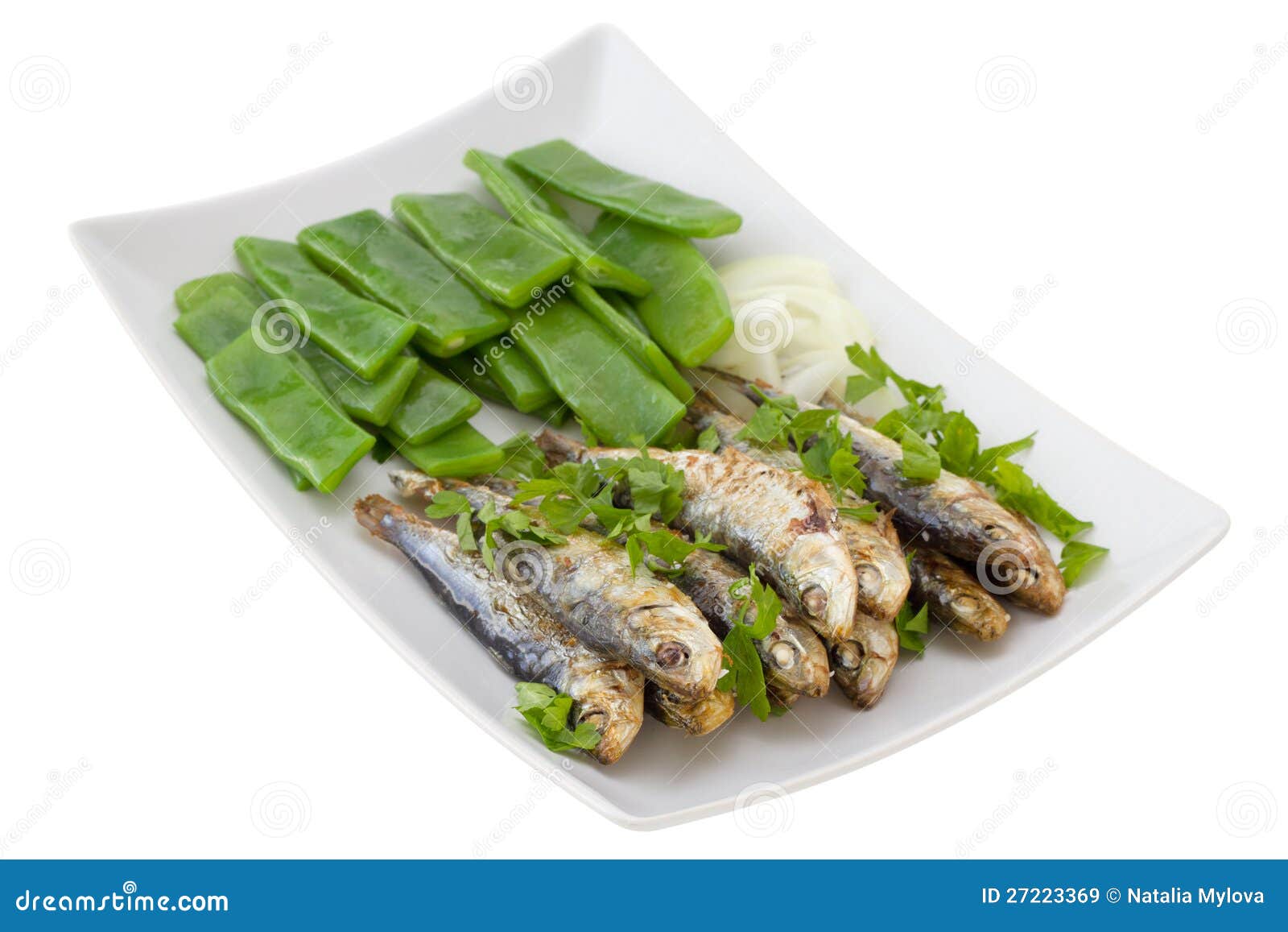 Fried Fish with Boiled Beans Stock Image - Image of isolated, seafood ...