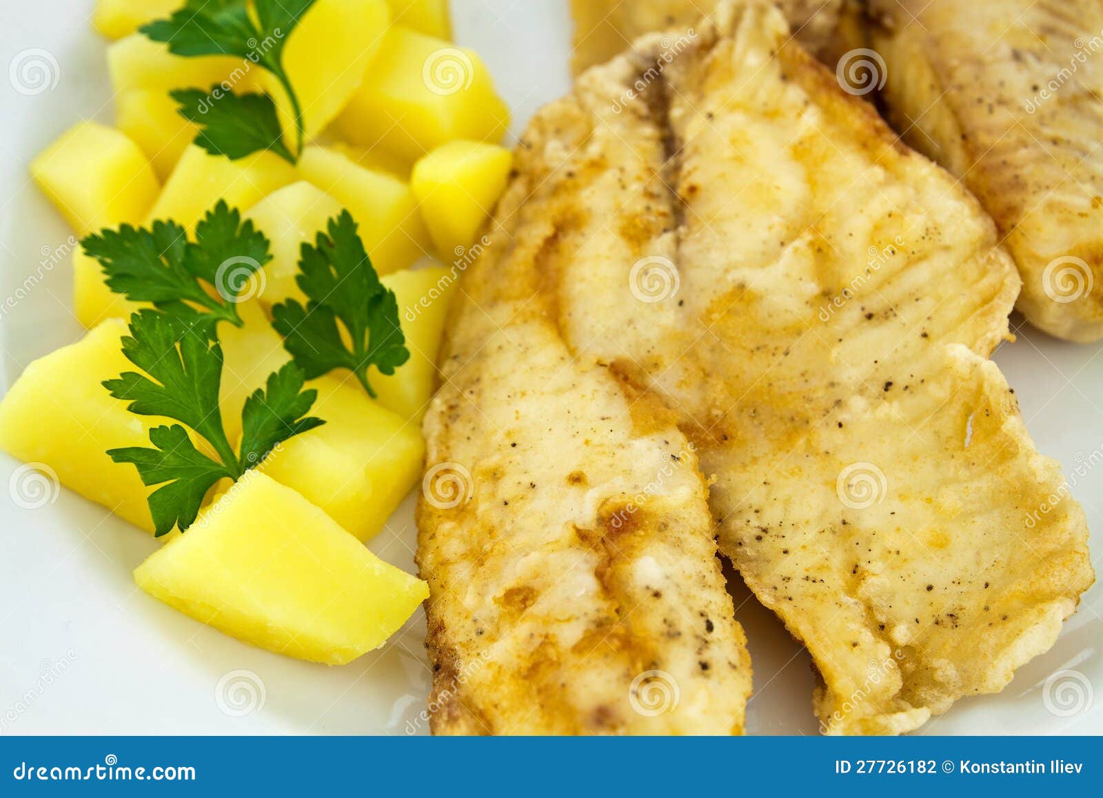 Fried Fish with Boiled Potatoes Stock Photo - Image of baked, sauce ...