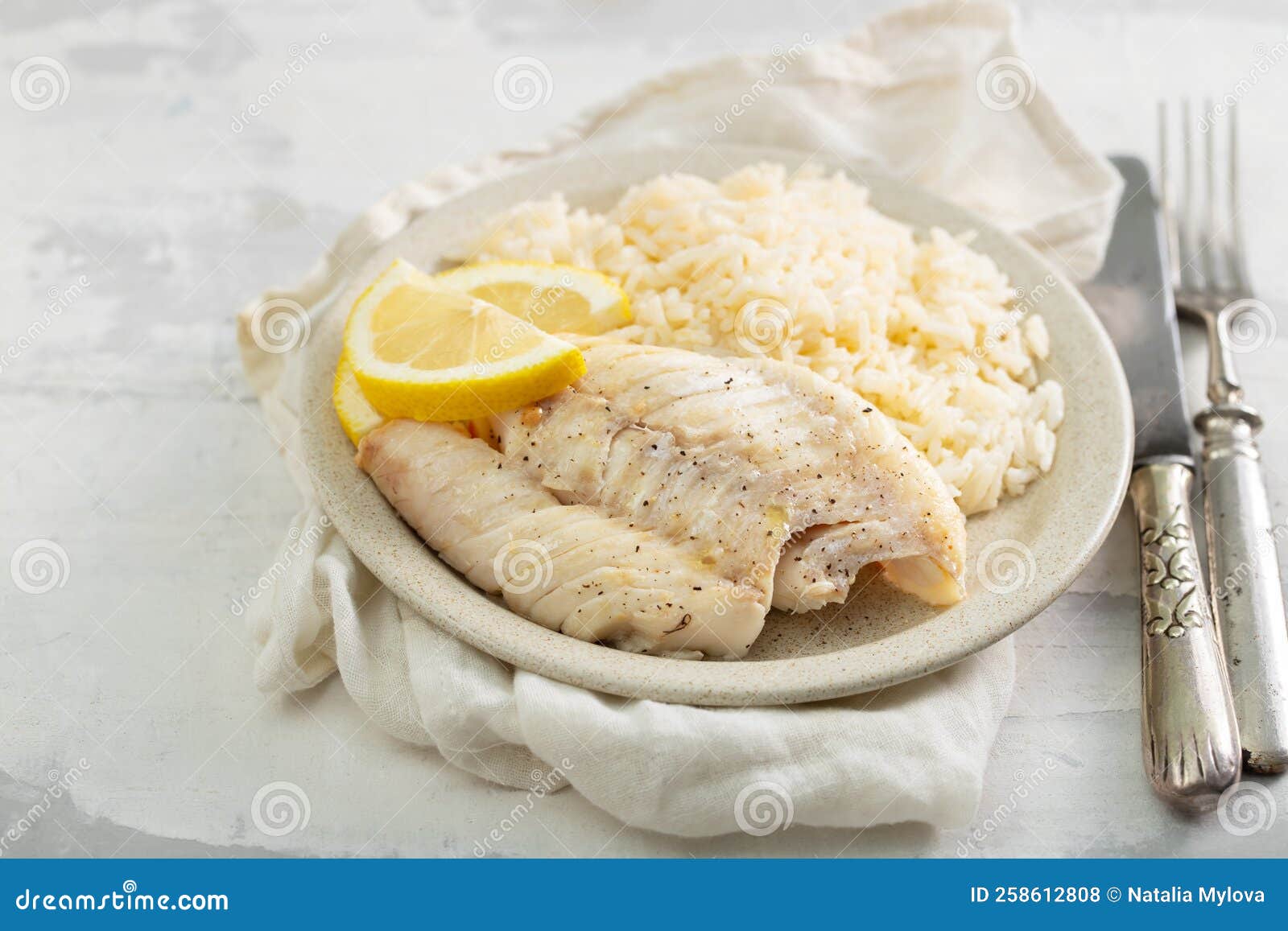 Fried Fish with Boiled White Rice on White Dish Stock Photo - Image of ...