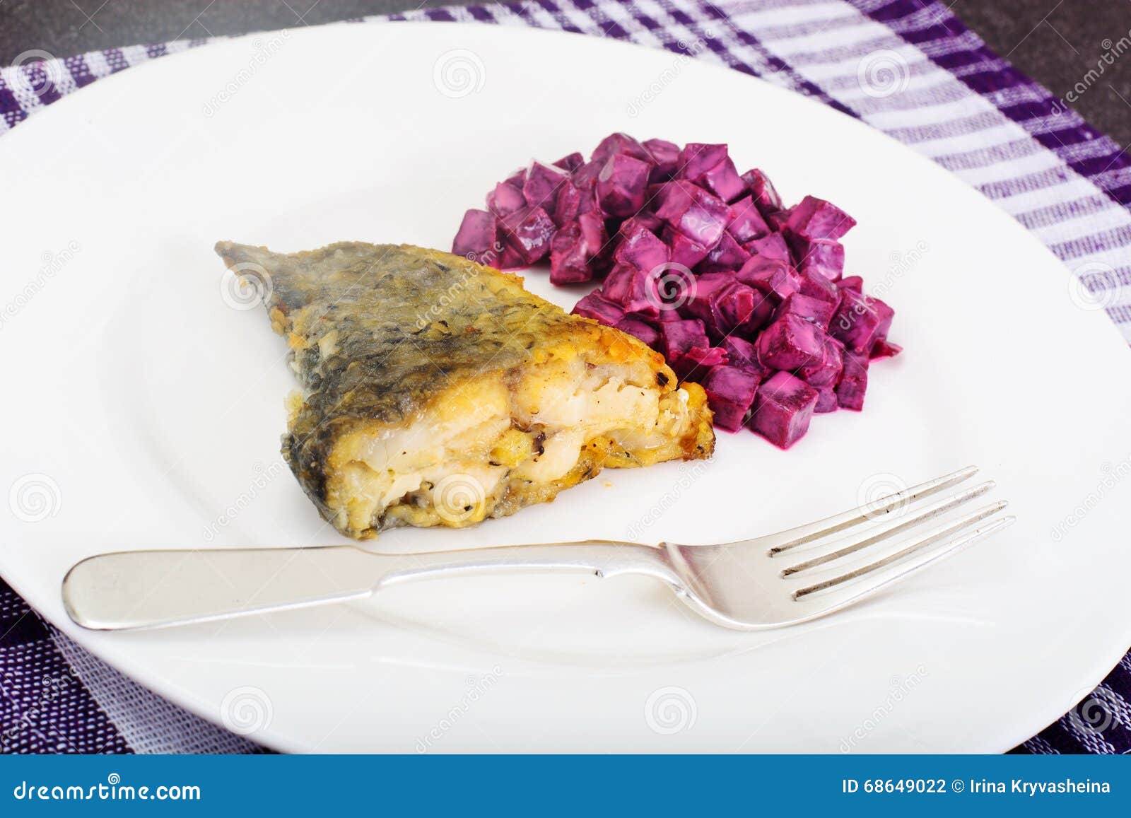 Fried Fish Cards and Salad of Boiled Beets with Yogurt Stock Photo ...