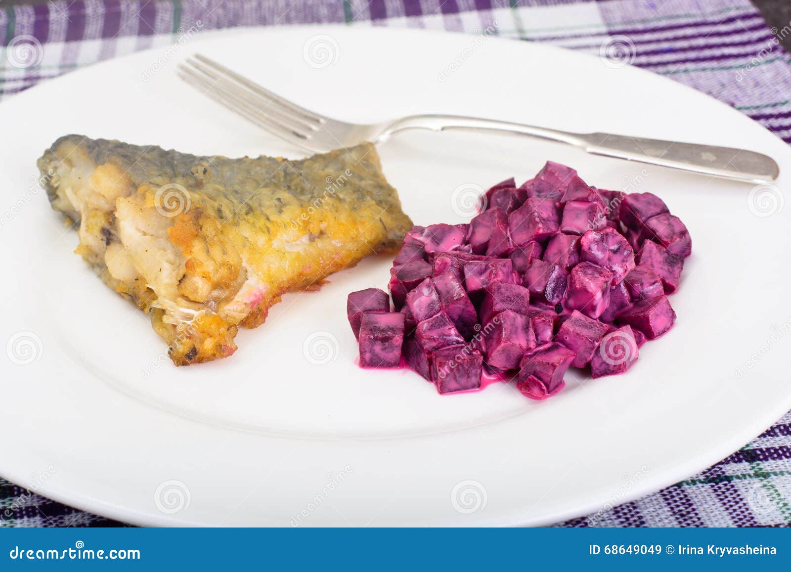 Fried Fish Cards and Salad of Boiled Beets with Yogurt Stock Image ...