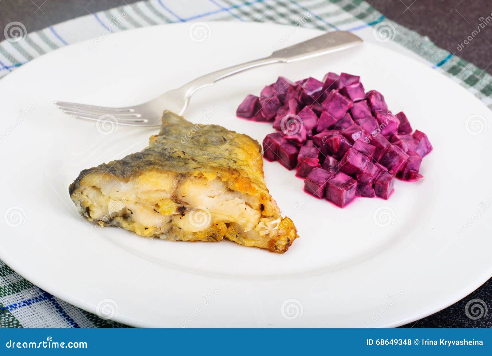 Fried Fish Cards and Salad of Boiled Beets with Yogurt Stock Photo ...