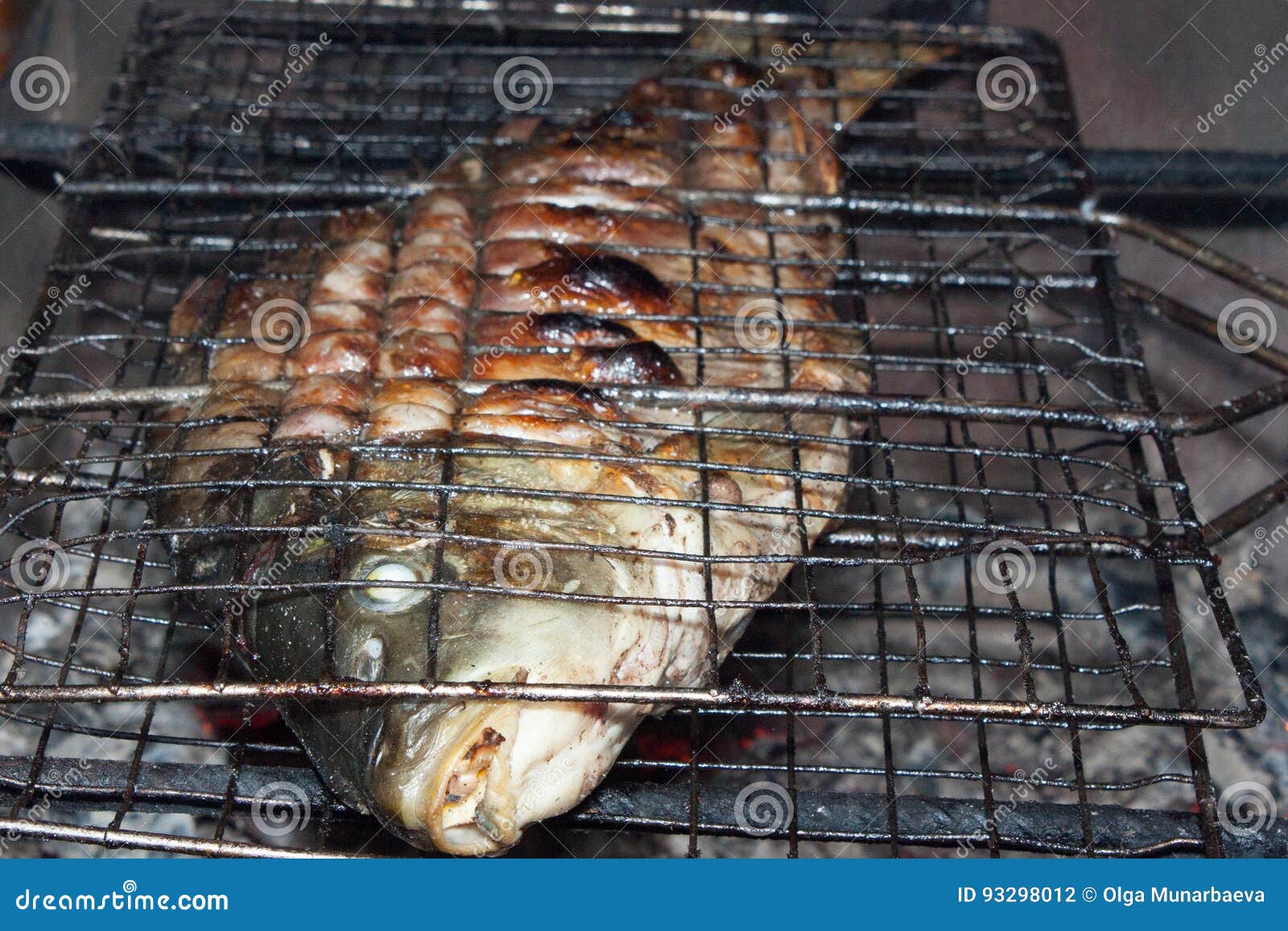 Fried Fish Carp on Charcoal Grilles Stock Photo - Image of crust, fire ...