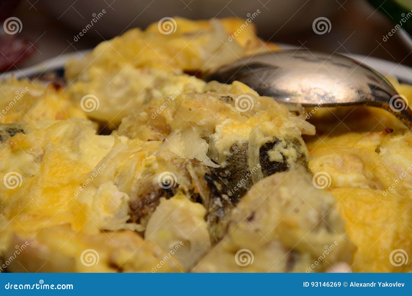Fried Fish with Cheese Sauce with Spoon on Plate Stock Image - Image of ...