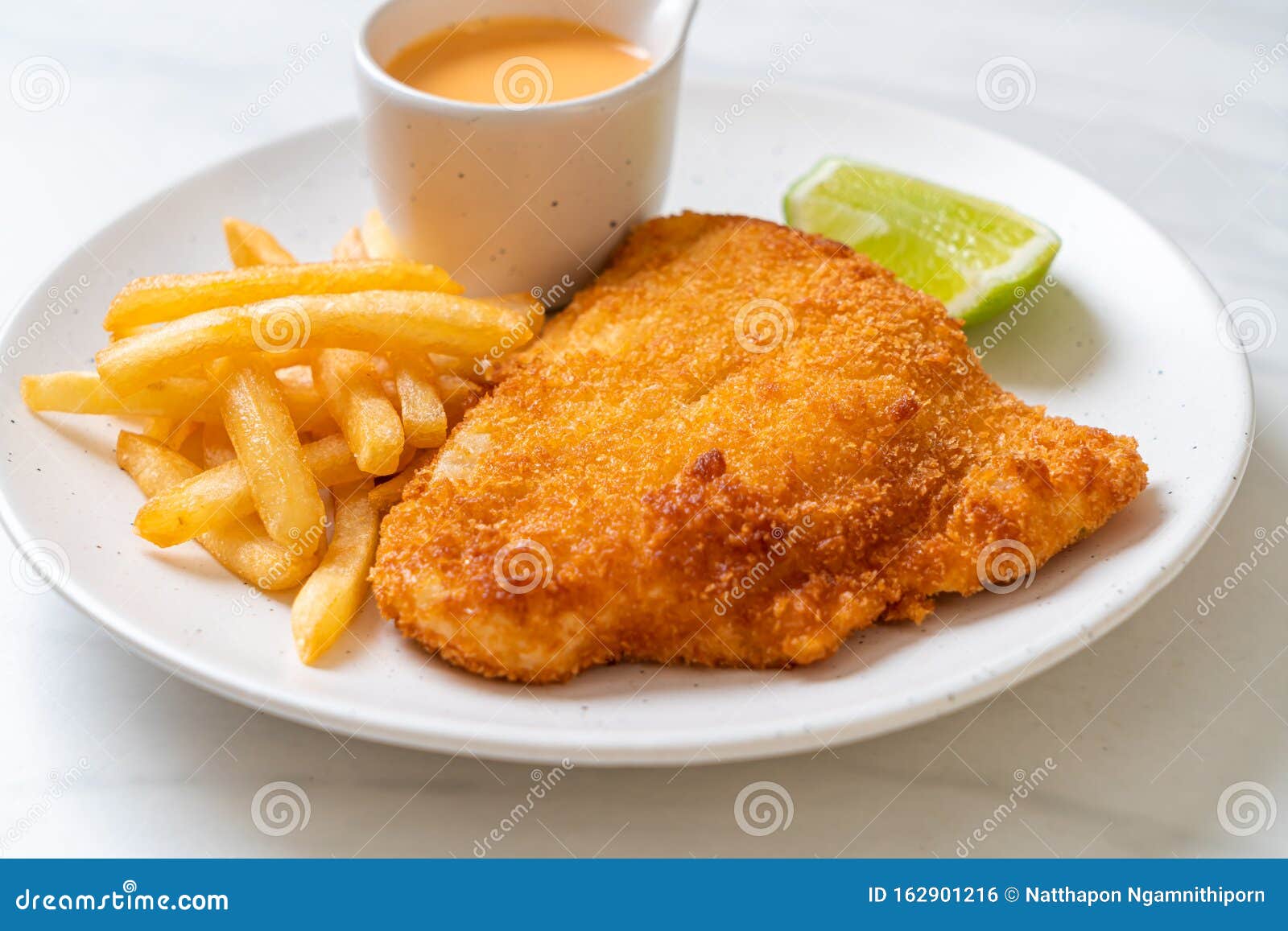 Fried fish and chips stock photo. Image of plate, copyspace - 162901216