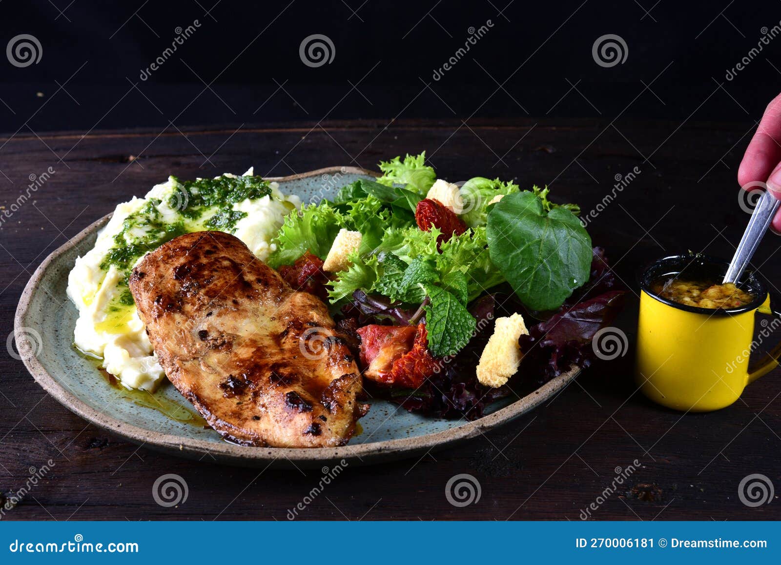 Fried Fish Fillet with Boiled Mashed Potatoes and Salads Stock Image ...