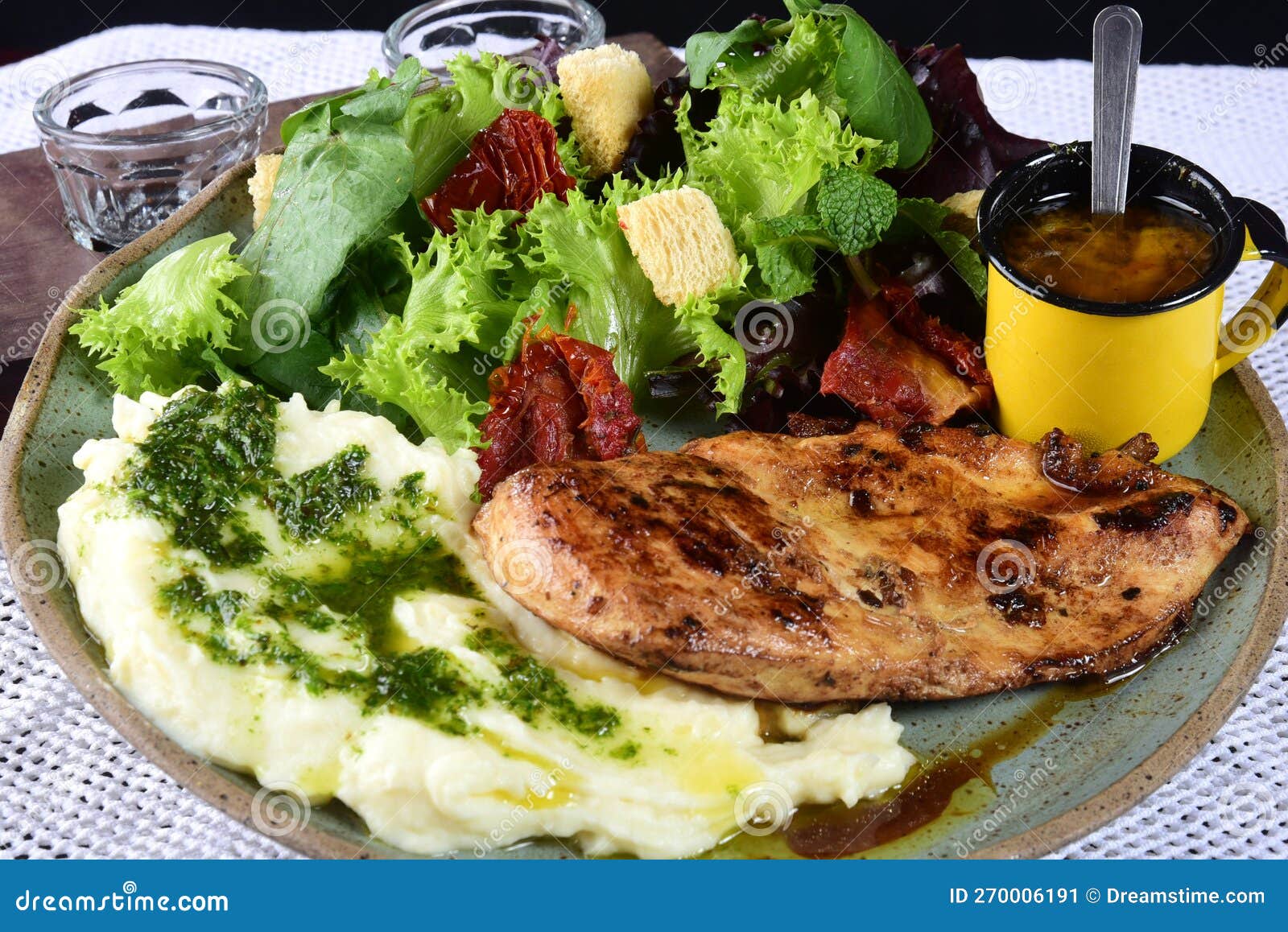 Fried Fish Fillet with Boiled Mashed Potatoes and Salads Stock Image ...