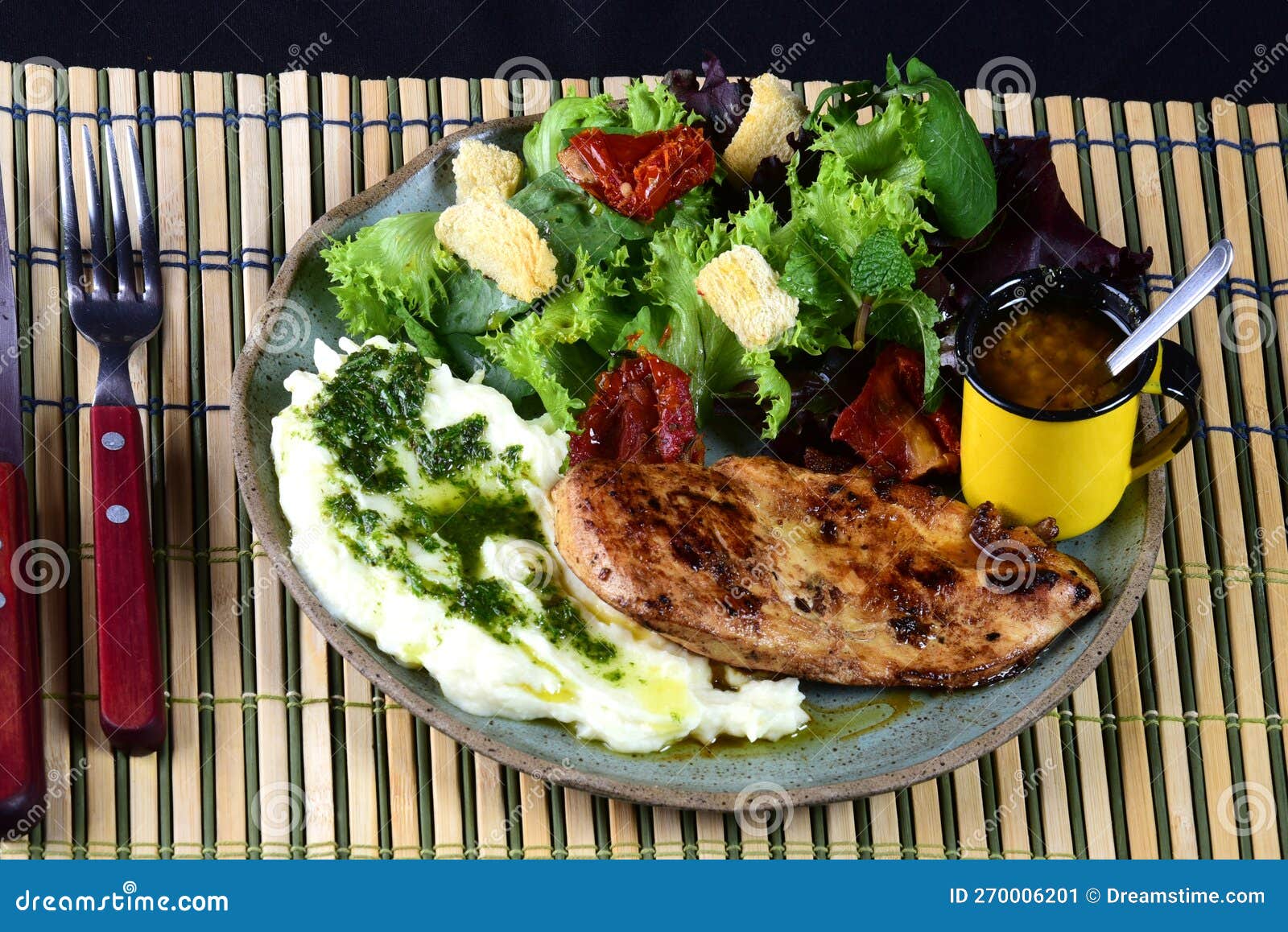 Fried Fish Fillet with Boiled Mashed Potatoes and Salads Stock Image ...