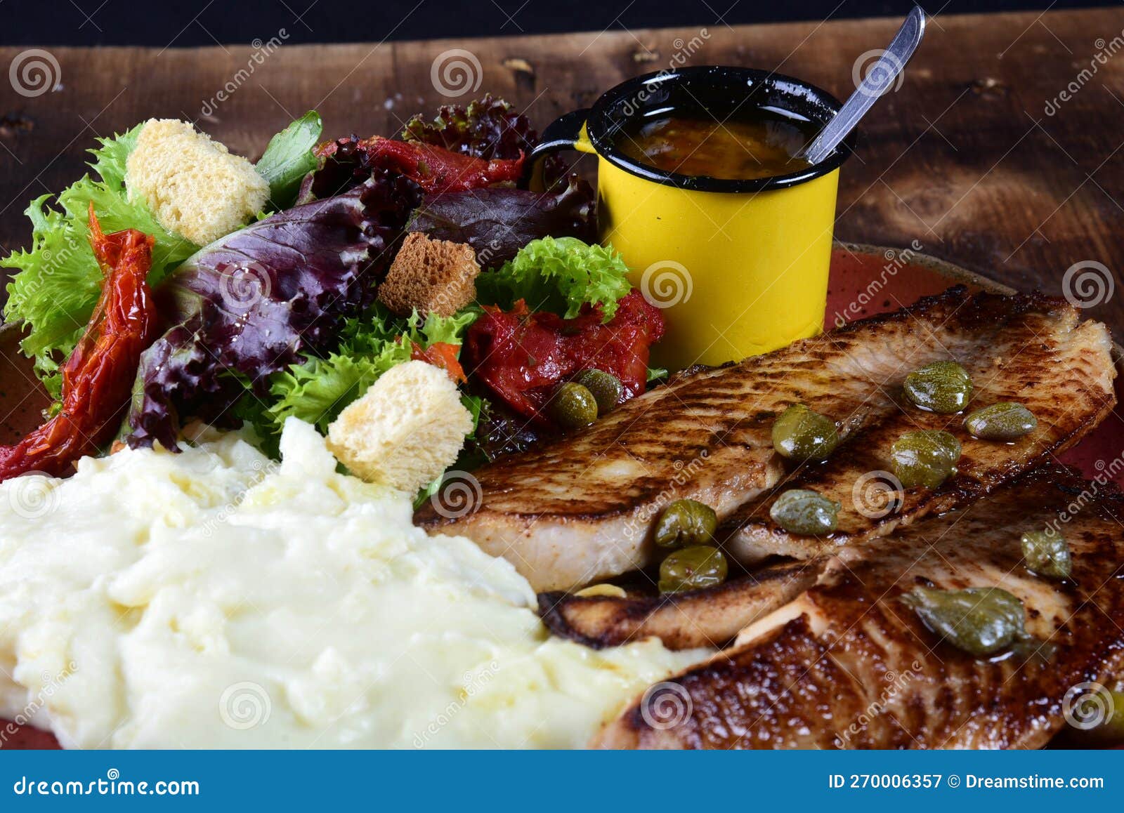 Fried Fish Fillet with Boiled Mashed Potatoes and Salads Stock Image ...