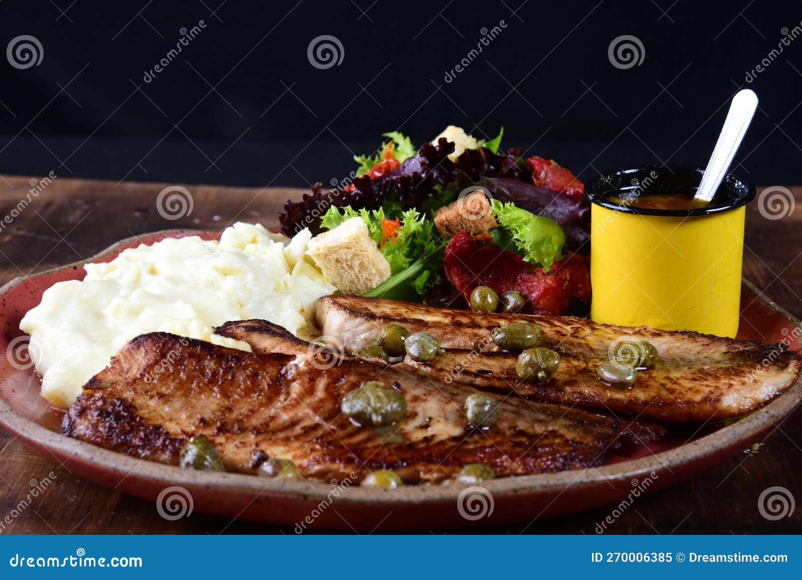 Fried Fish Fillet with Boiled Mashed Potatoes and Salads Stock Image ...