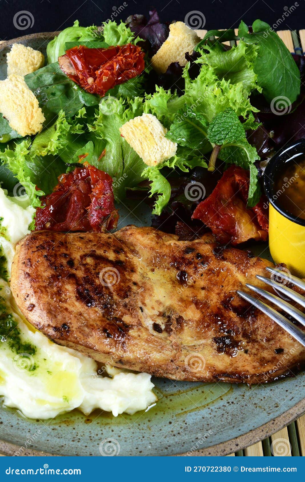 Fried Fish Fillet with Boiled Mashed Potatoes and Salads Stock Photo ...