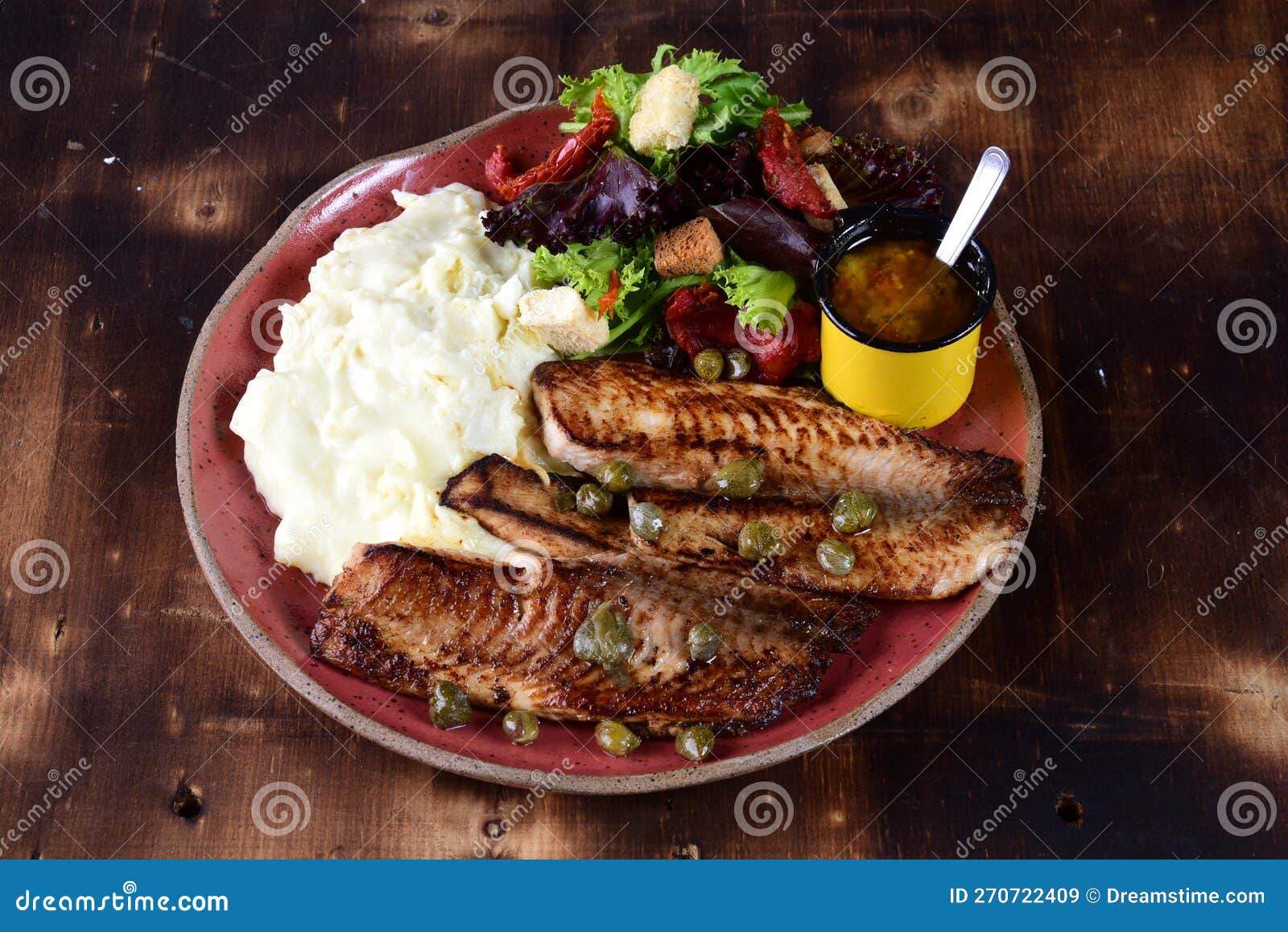 Fried Fish Fillet with Boiled Mashed Potatoes and Salads Stock Image ...